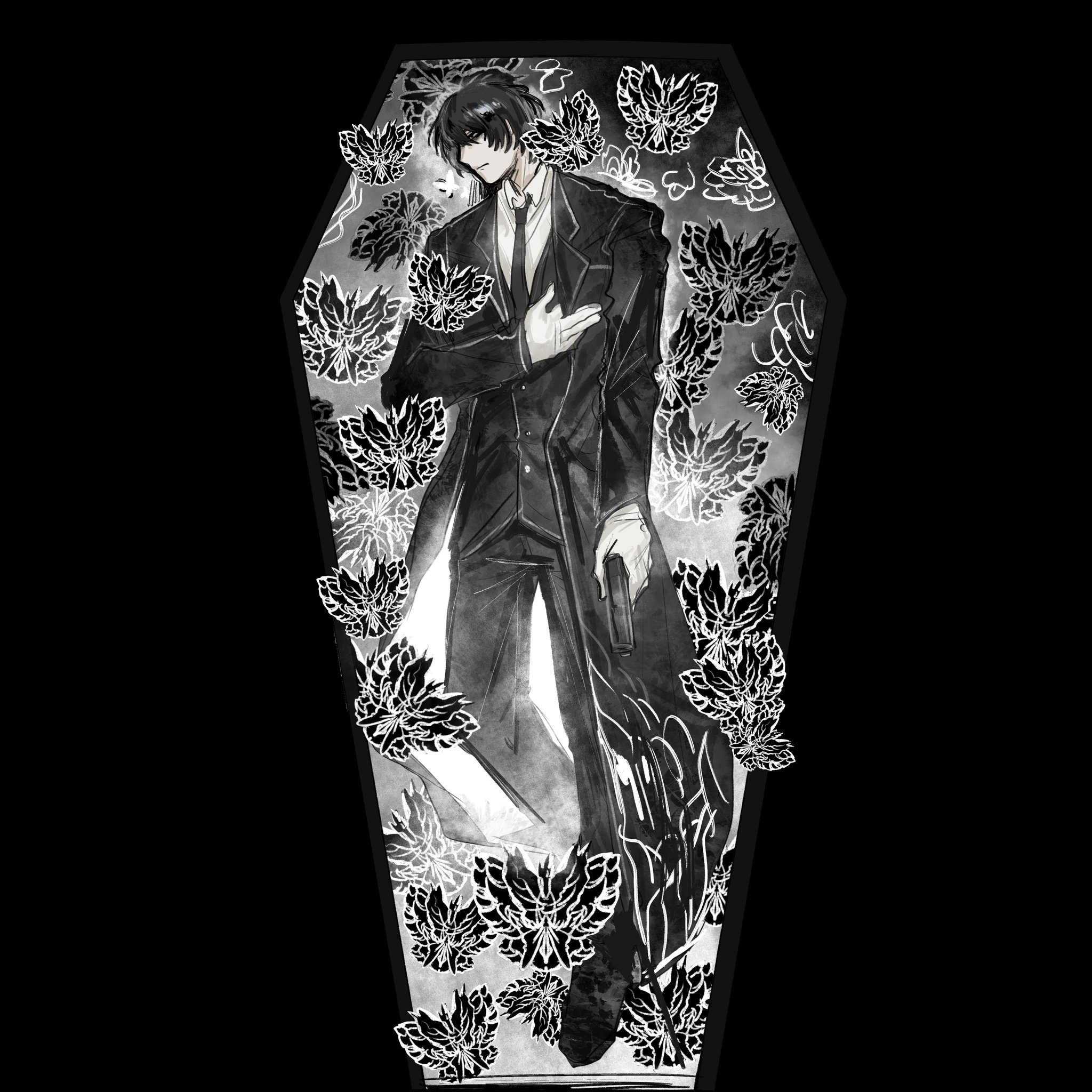 Safebooru - 1boy black butterfly black coat black hair black necktie ...