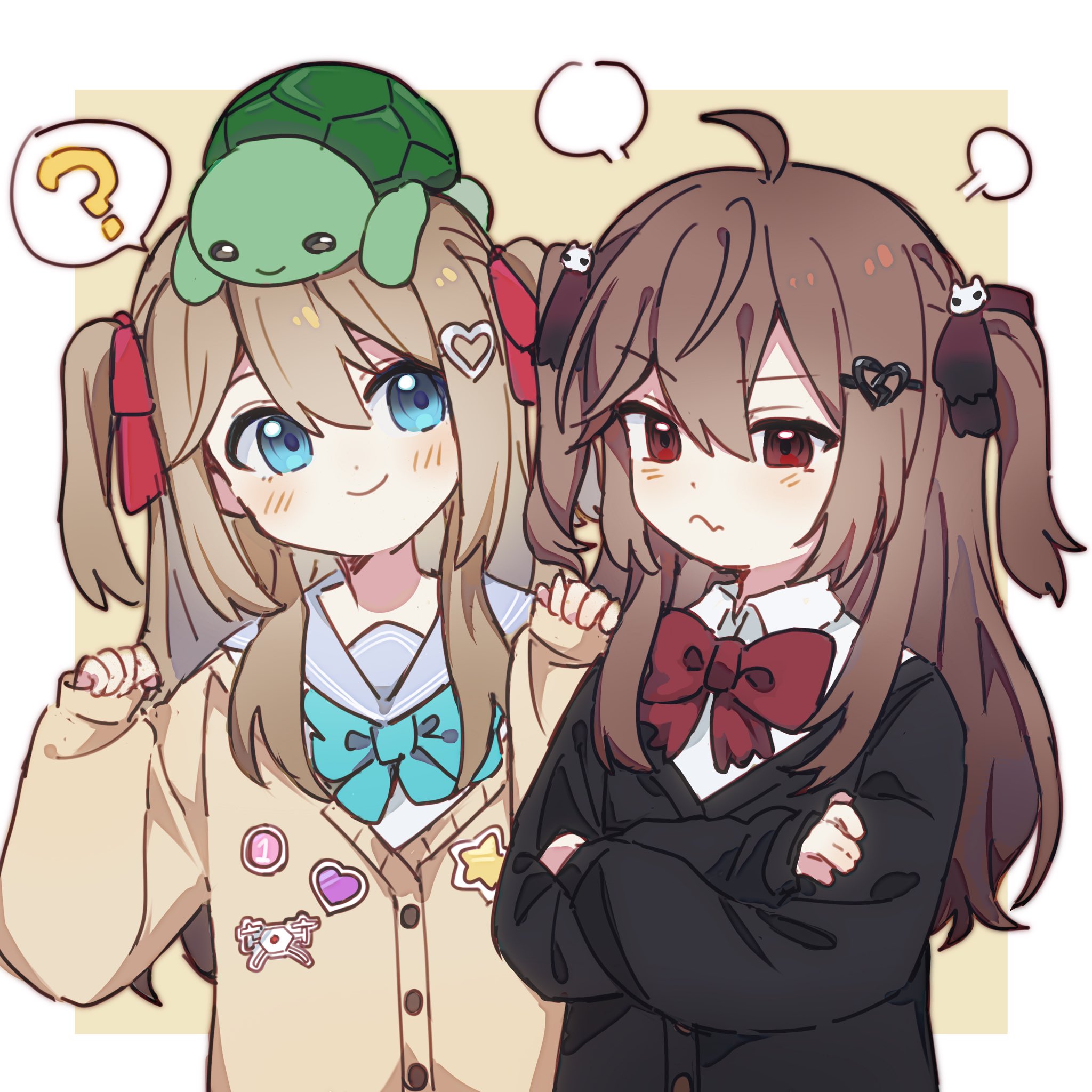 Safebooru - 2girls ? ahoge aqua bow aqua bowtie badge black cardigan ...