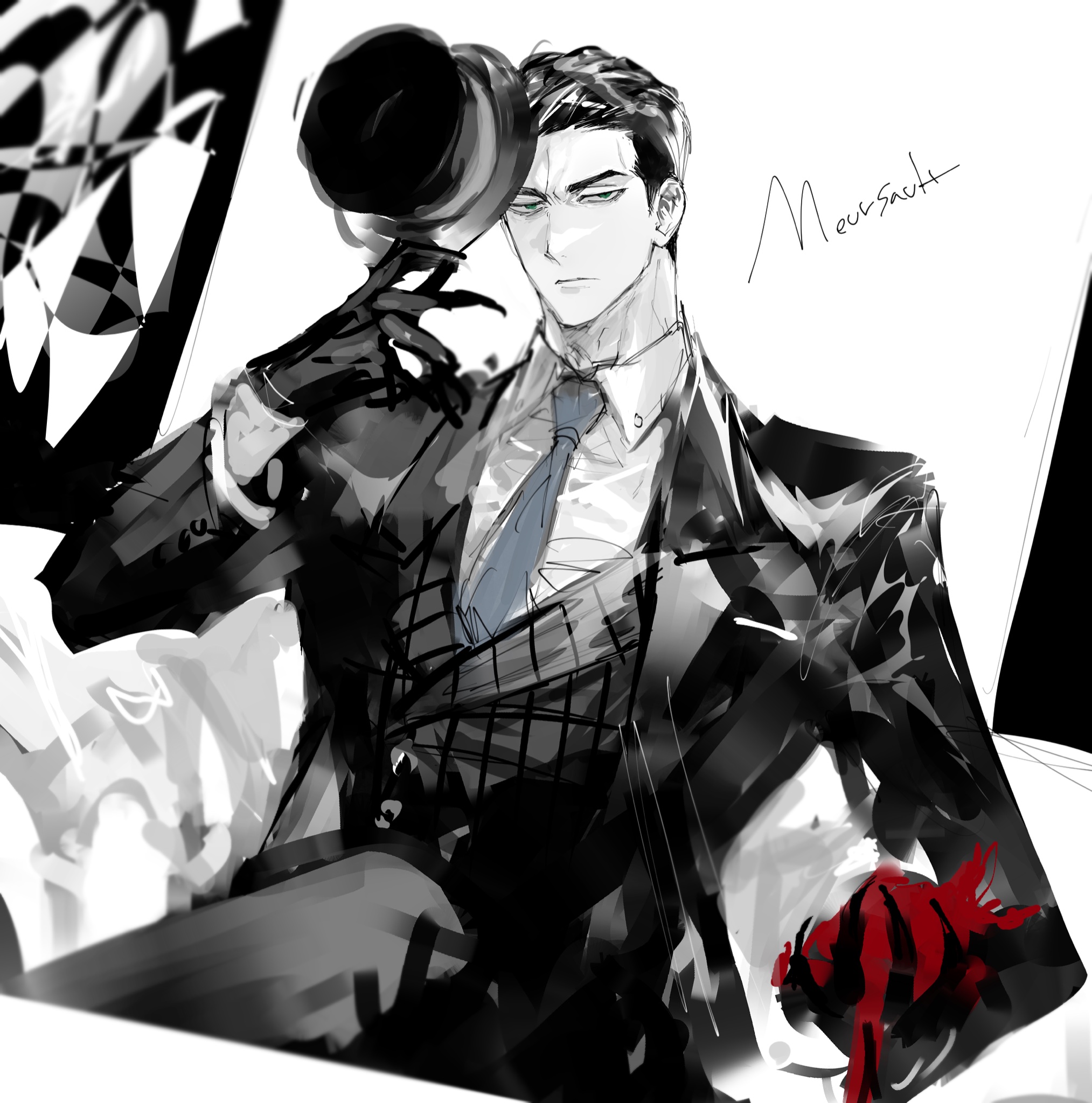 Safebooru - 1boy black hair black jacket black suit blue necktie character name formal green ...