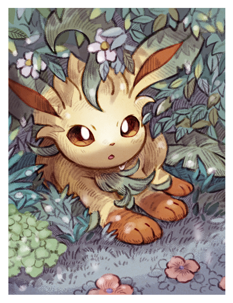 Safebooru - :o border bright pupils brown eyes commentary request flower leaf leafeon lying ...