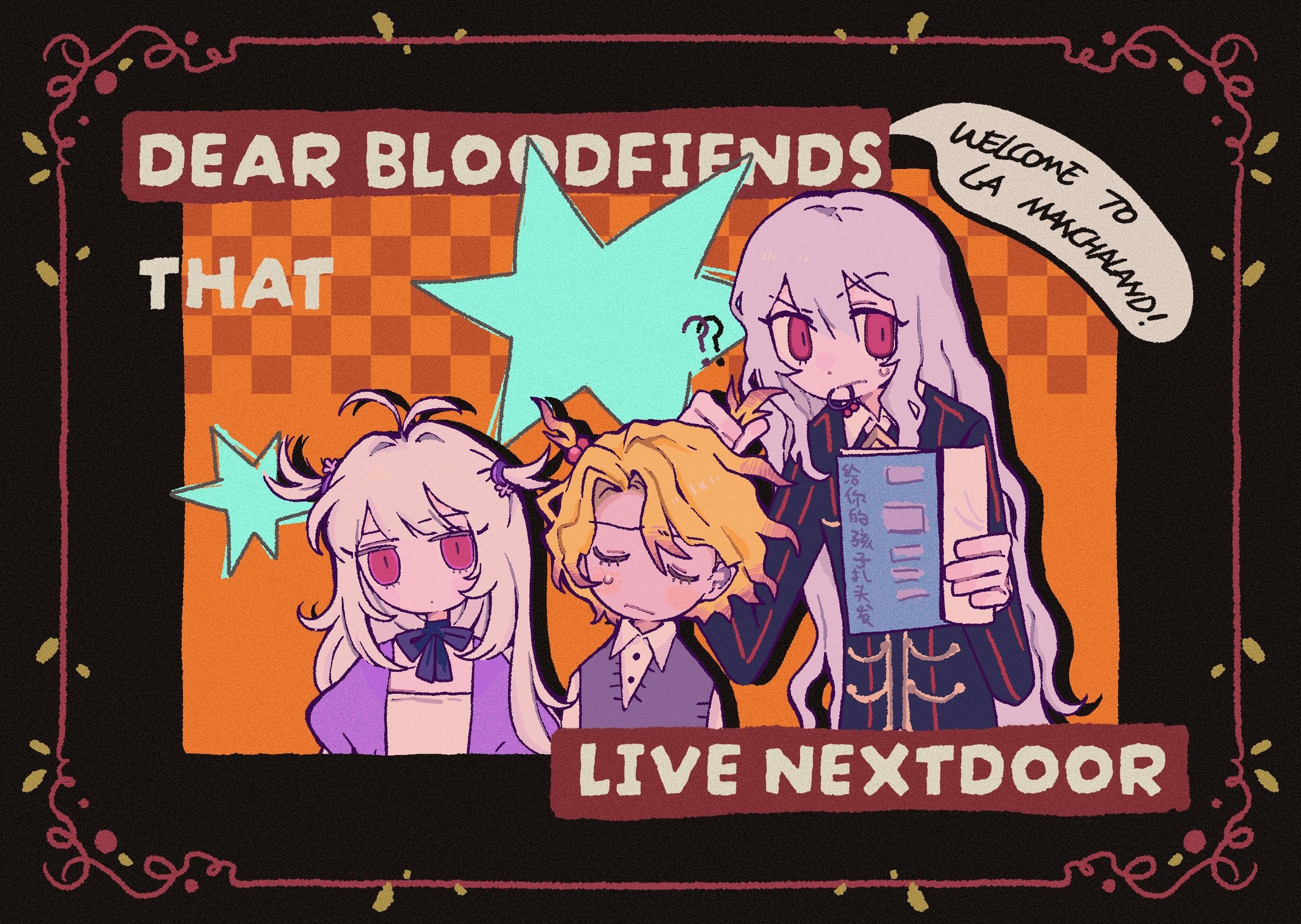 Safebooru - 1boy 2girls ? antenna hair black jacket blonde hair book ...