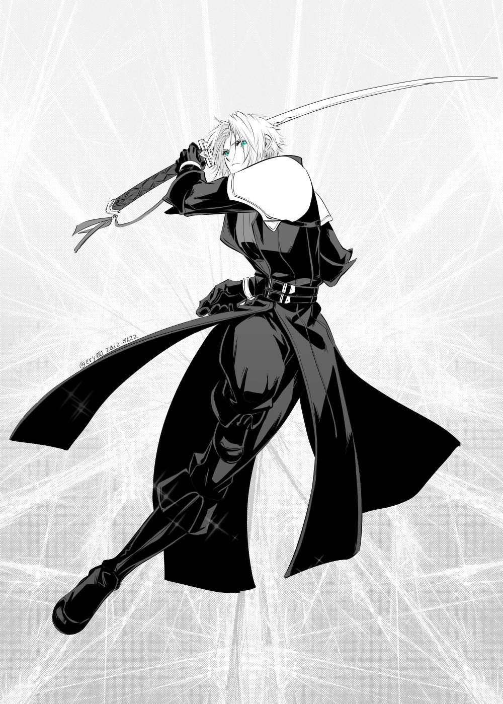 Safebooru - 1boy aiz00 aqua eyes armor bangs belt black footwear black gloves black jacket black ...