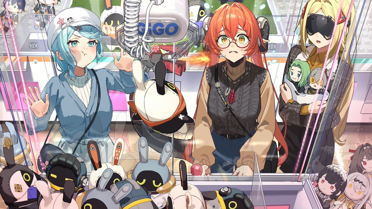 Safebooru - 3girls :t against glass alternate costume anger vein arcade ...