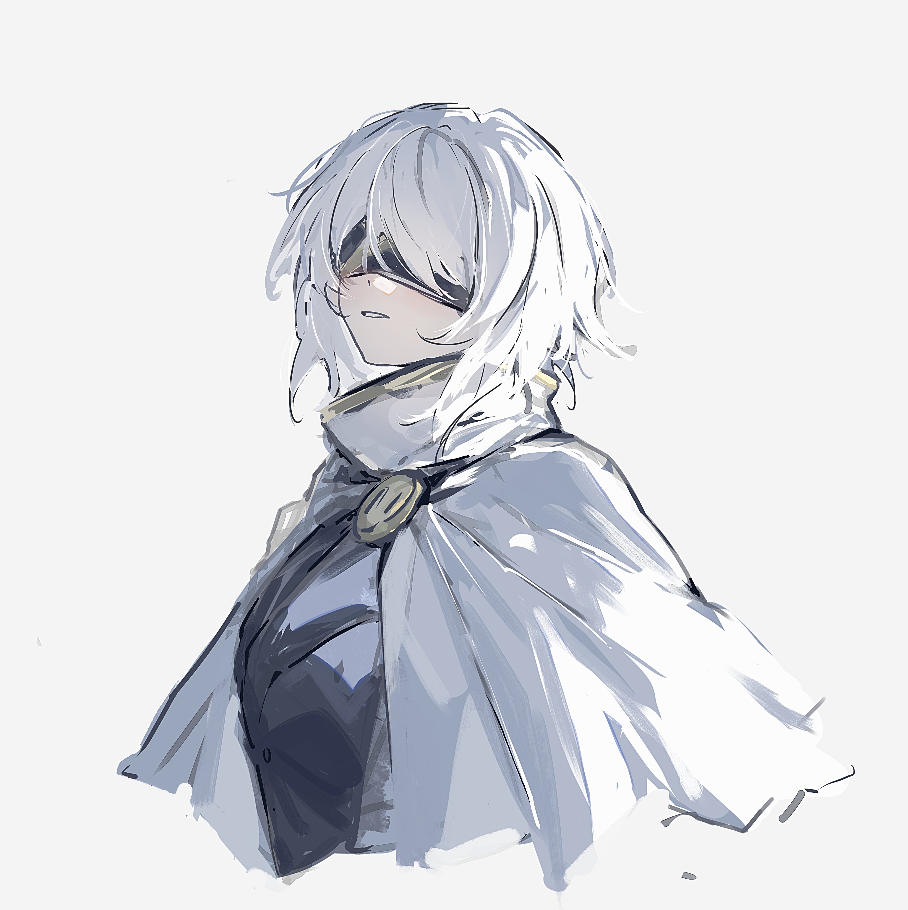 Safebooru - 1girl absurdres badge black jacket blindfold cape facing ...