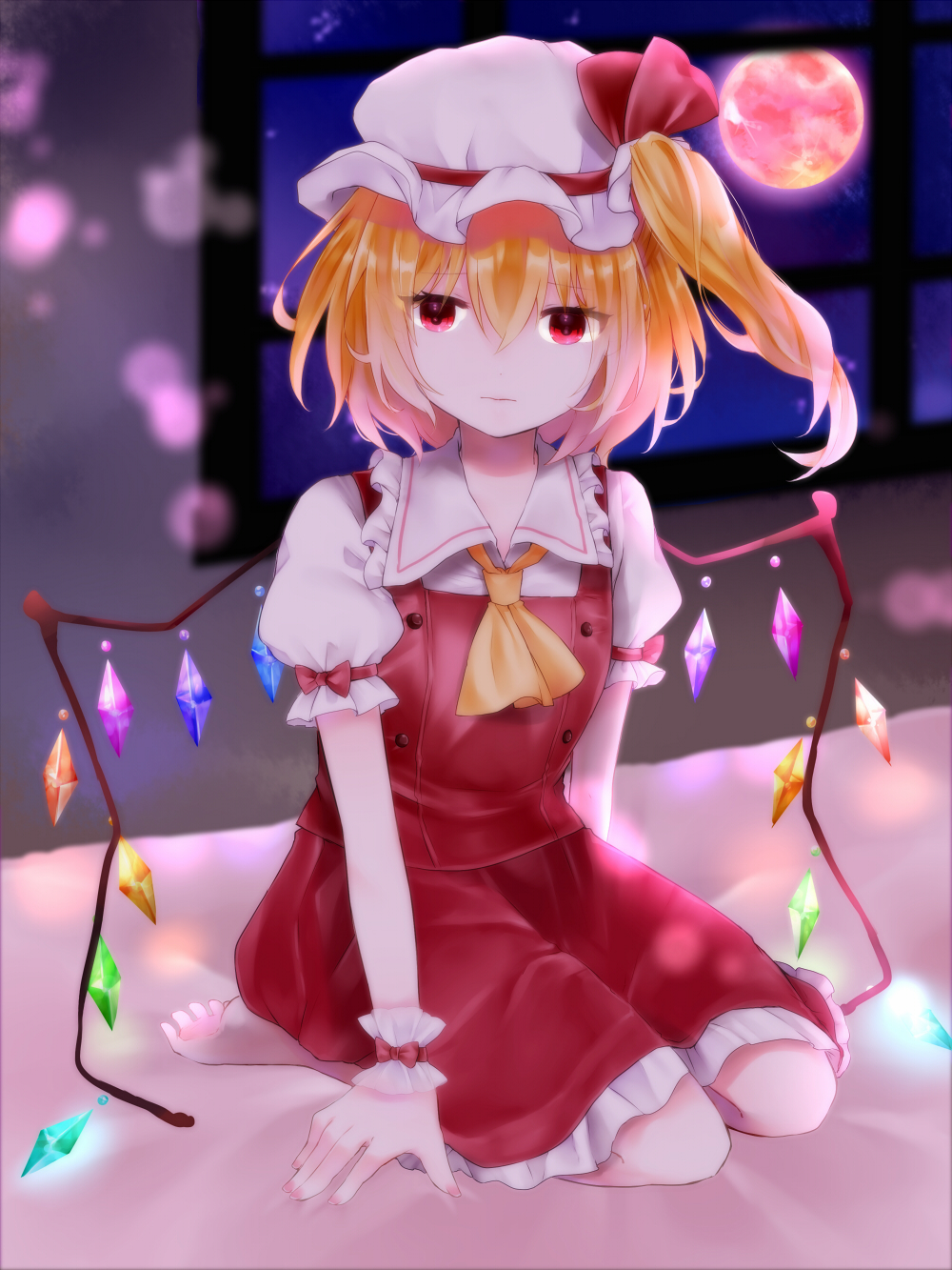 Safebooru - 1girl ascot barefoot bed blonde hair blush bow closed mouth ...