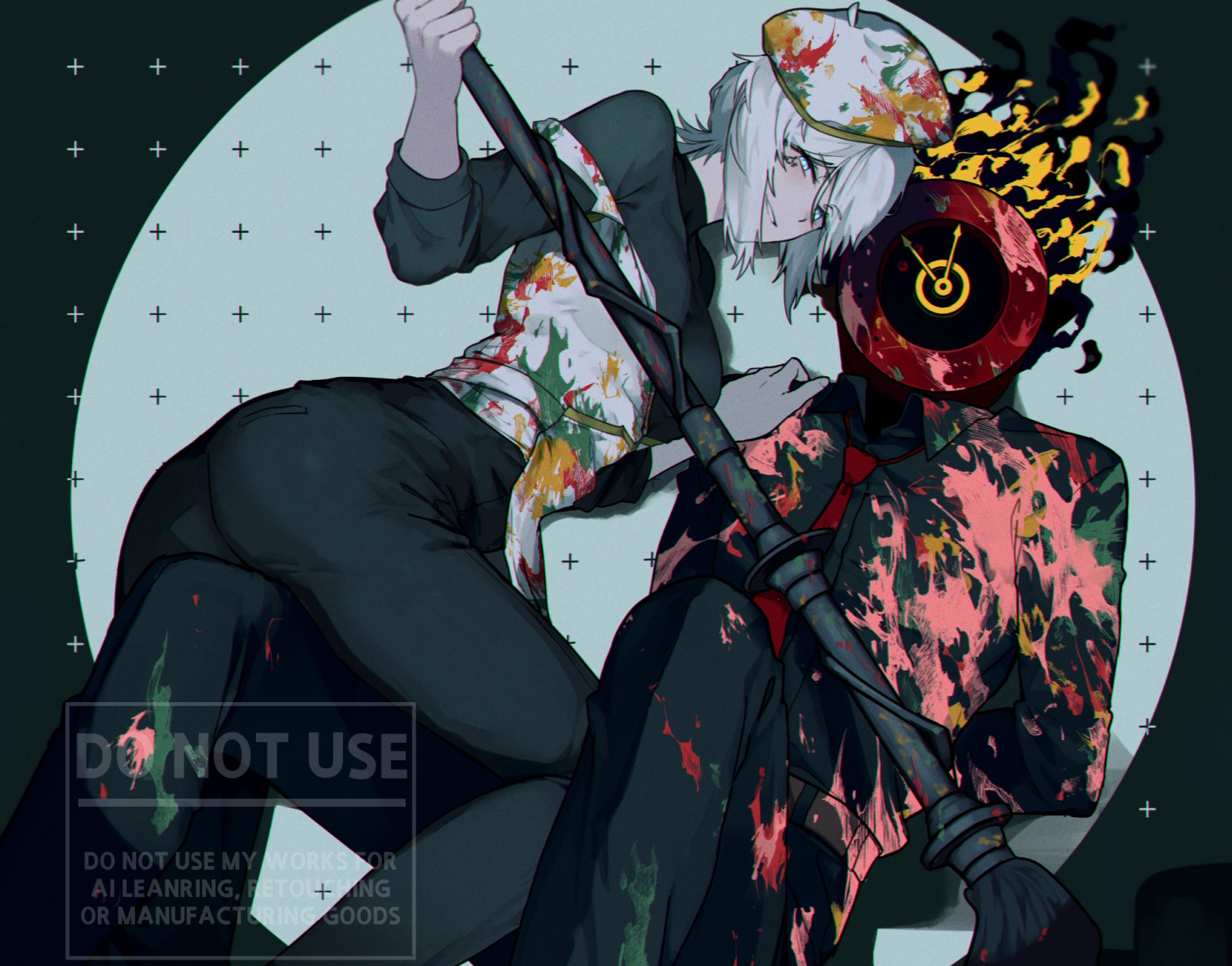 Safebooru - 1girl 1other apron arms behind back black pants black shirt ...