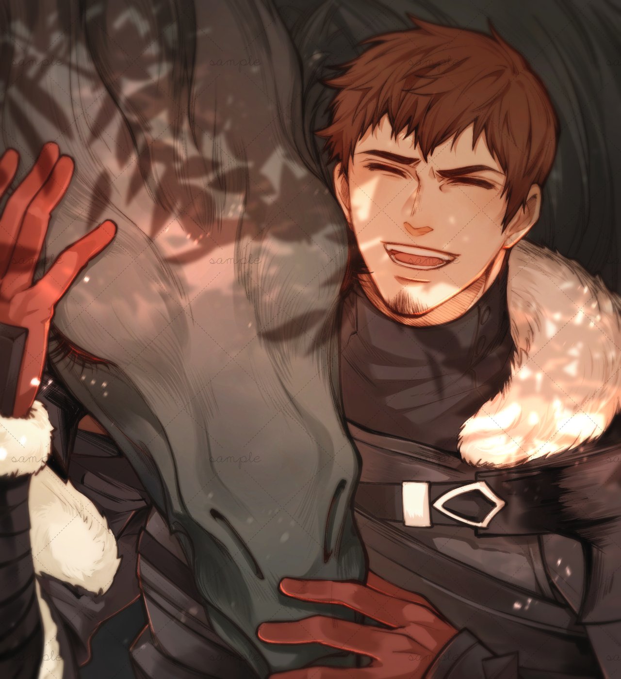 Safebooru - 1boy animal ardbert (ff14) armor bangs black armor black shirt brown gloves brown ...