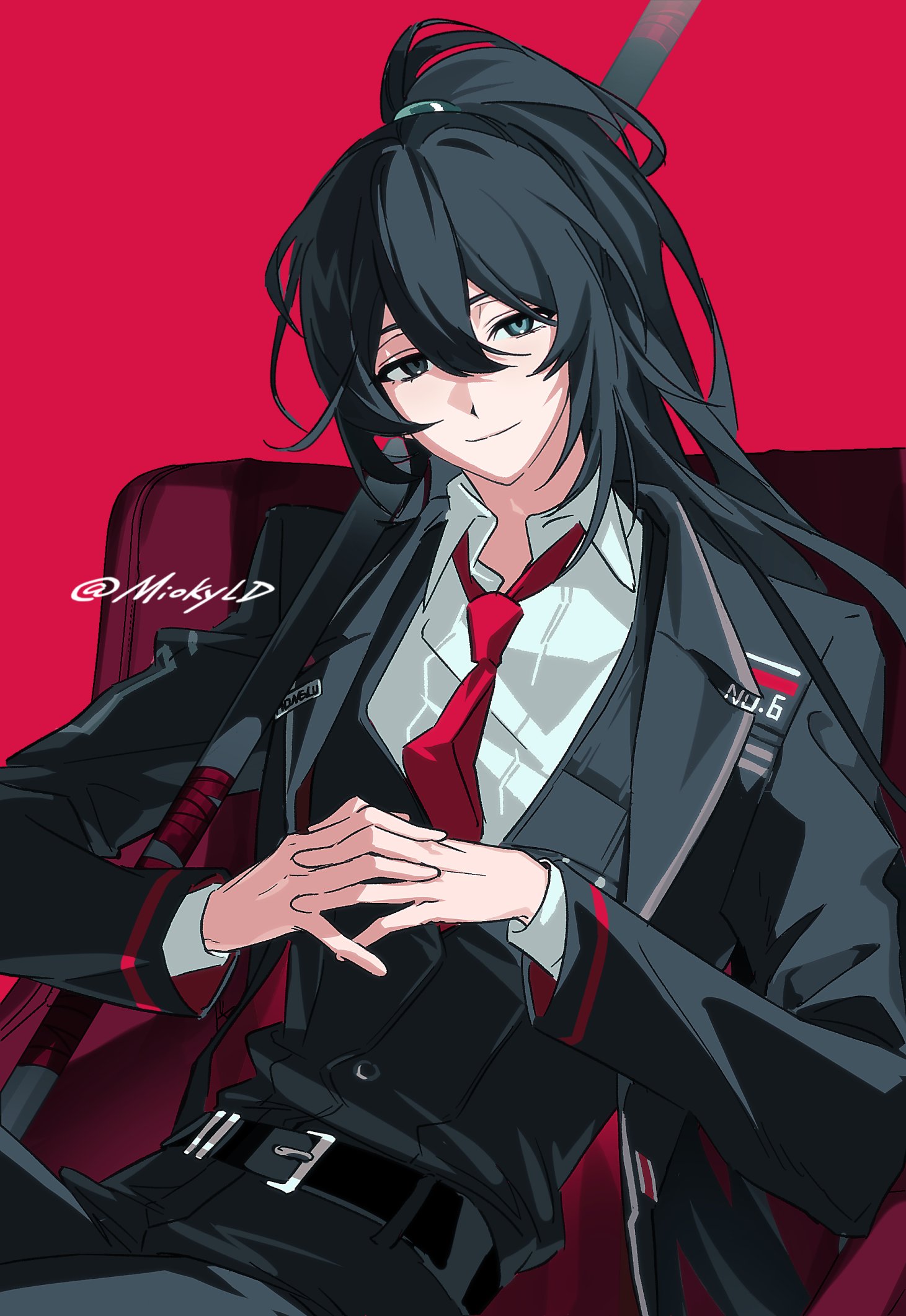 Safebooru - 1boy aqua eyes armchair belt black belt black coat black ...