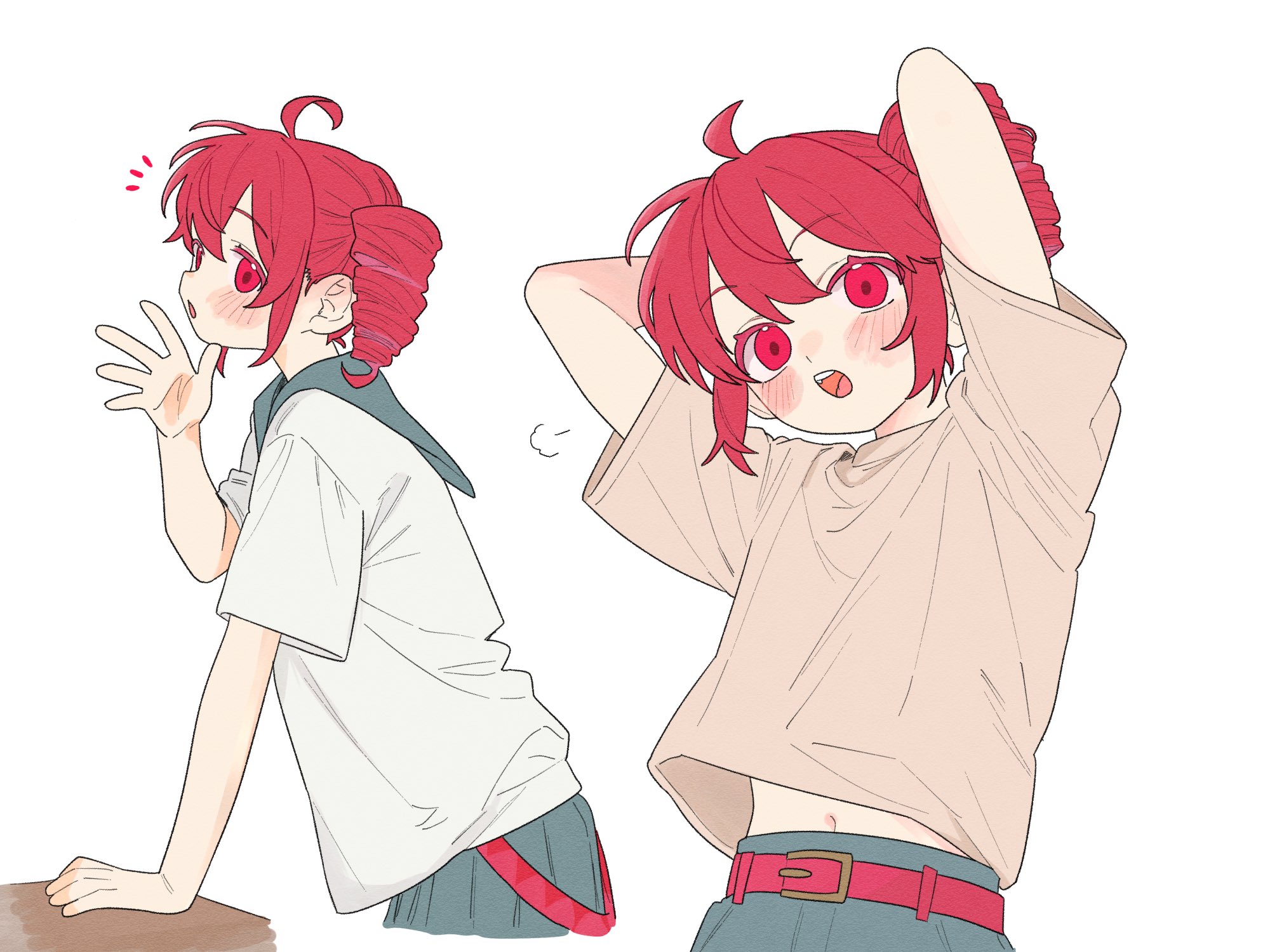 Safebooru - 1girl ahoge arms behind back belt blush brown shirt drill ...