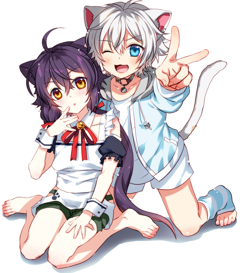 Safebooru - 1boy 1girl animal ears black hair blue eyes brown hair cat boy cat ears cat tail ...