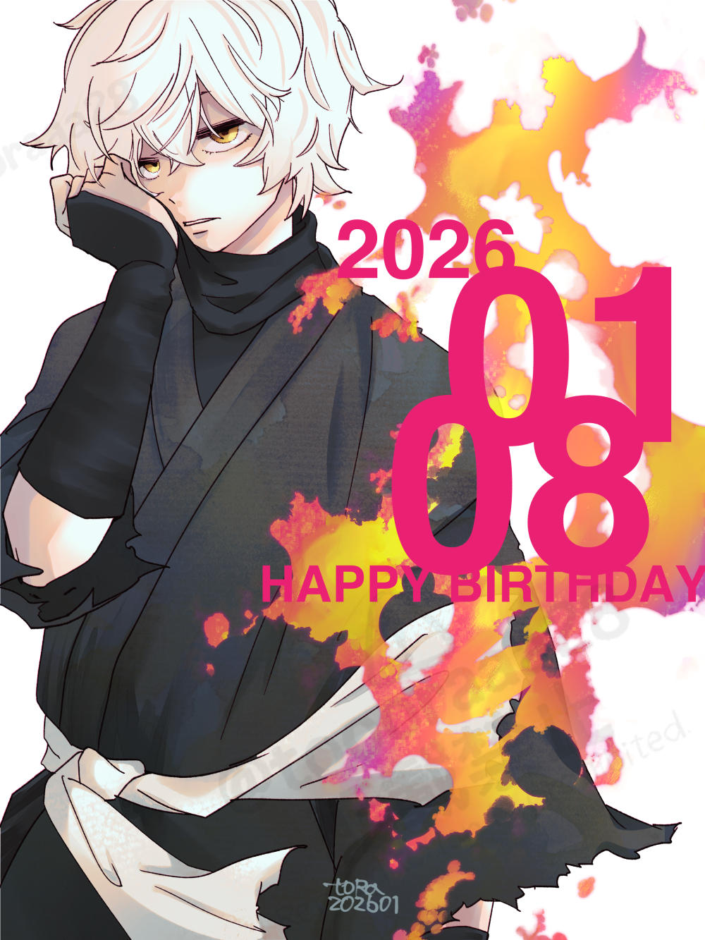 Safebooru - 1boy black kimono burn scar burning commentary request fire ...