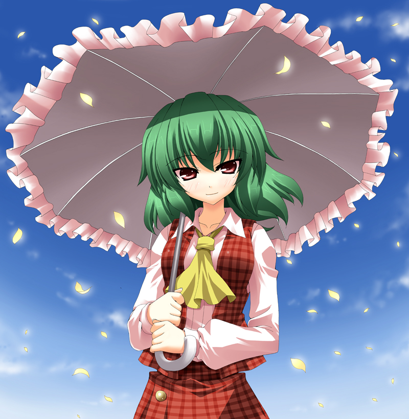 Safebooru - green hair kazami yuuka parasol petals plaid plaid skirt ...
