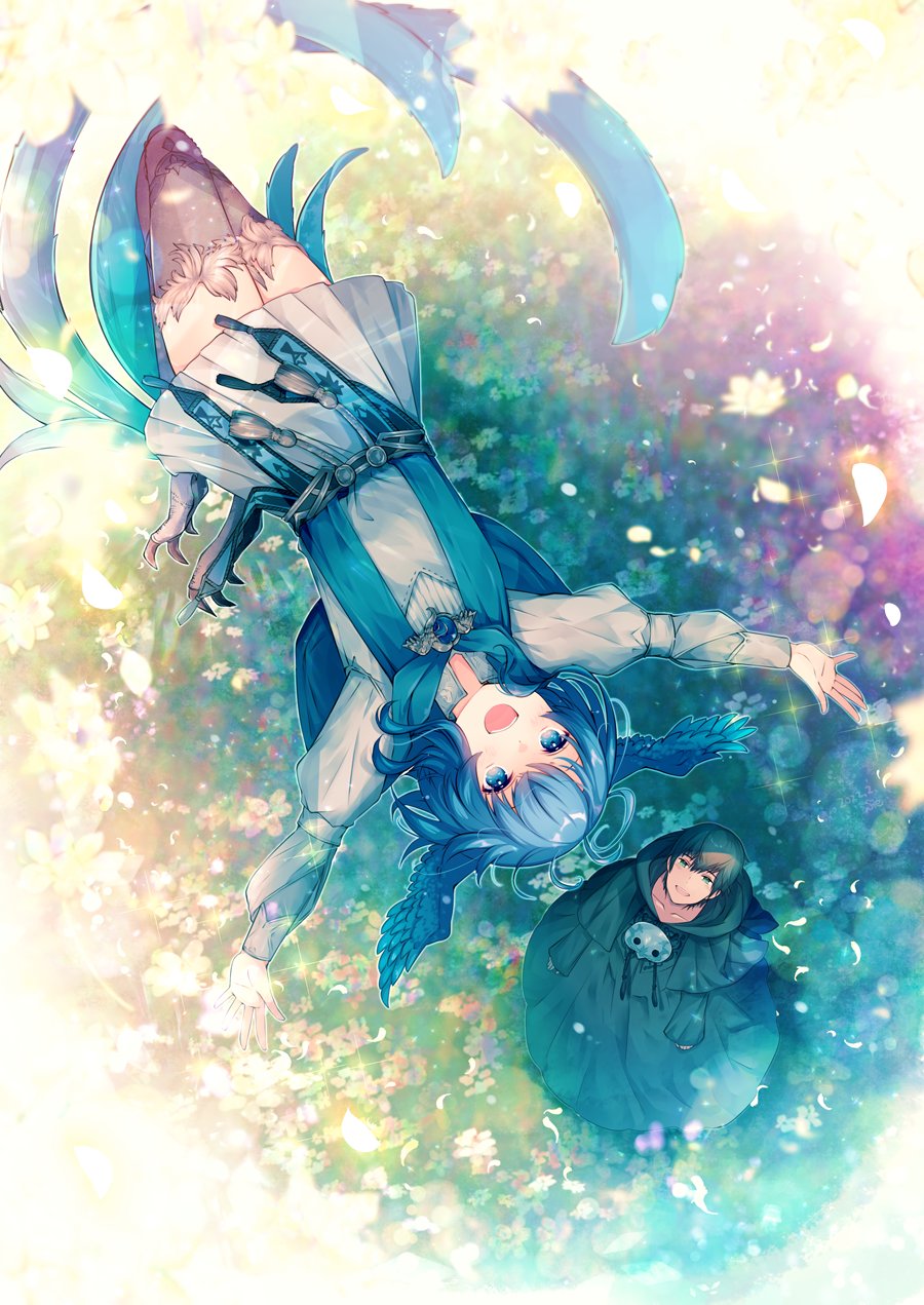 Safebooru - 1boy 1girl :d ame7sie bangs bird girl bird legs bird tail bird wings black capelet ...