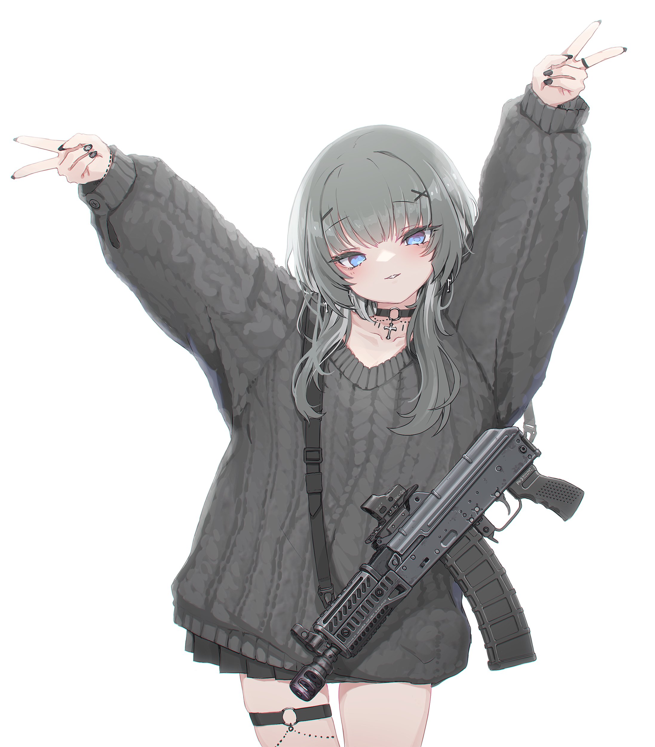 Safebooru - 1girl absurdres aks-74u arms up assault rifle black choker ...