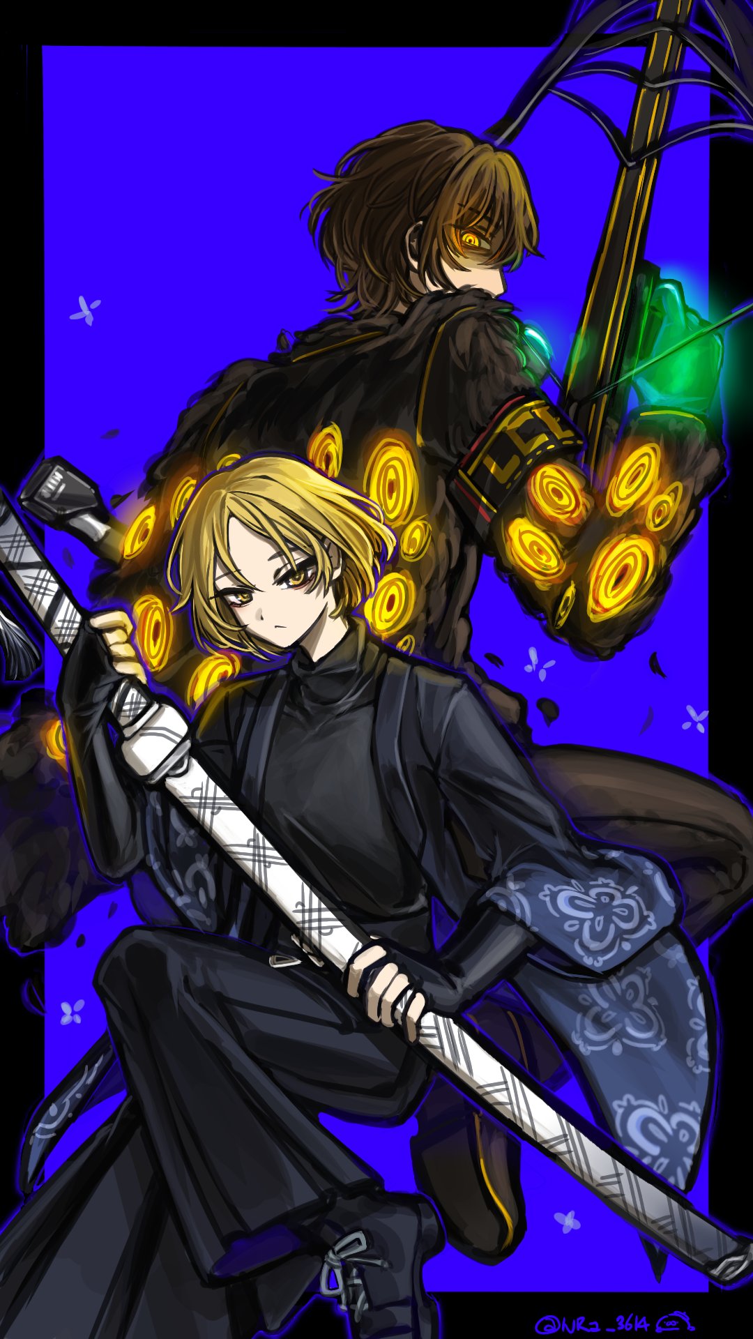 Safebooru - 2boys @ @ armband back-to-back black border black gloves ...