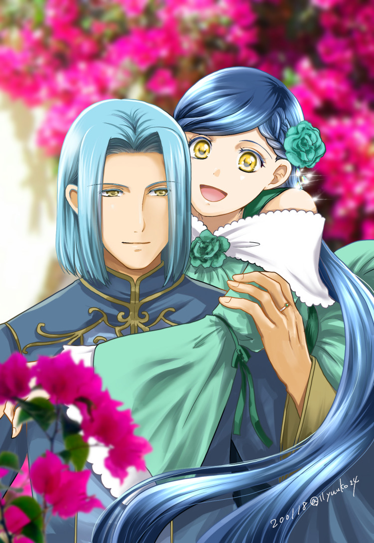 Safebooru - 1boy 1girl :d aqua dress aqua flower bangs blue hair blurry blurry background blurry ...