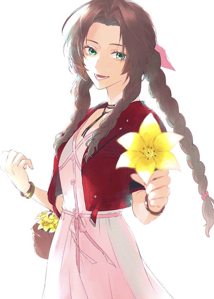 Safebooru - 1girl 3wa tari aerith gainsborough bangs bracelet braid braided ponytail brown hair ...