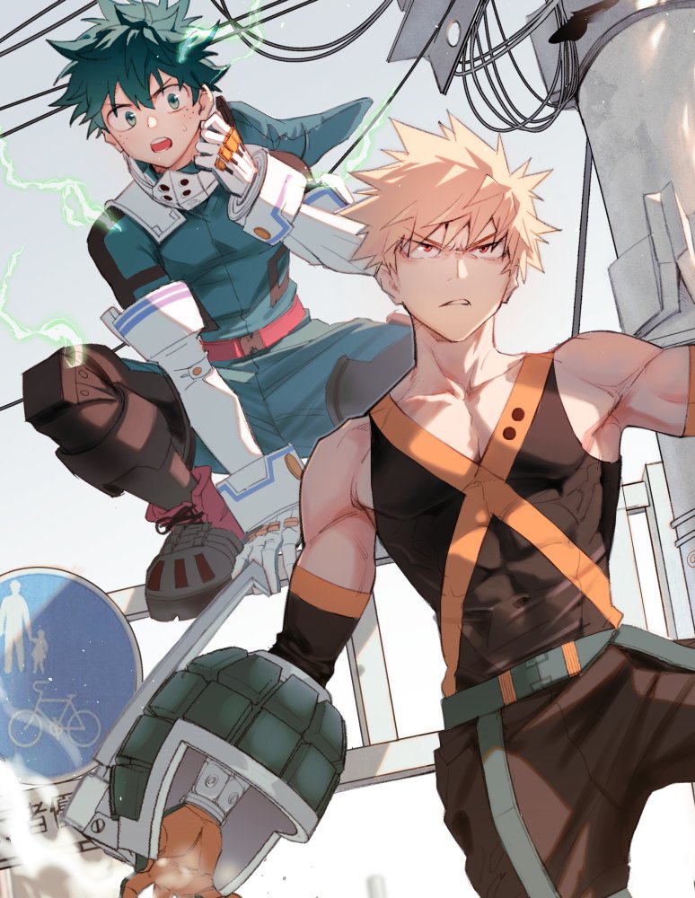 Safebooru - 2boys bakugou katsuki bare shoulders belt black bodysuit black footwear blonde hair ...