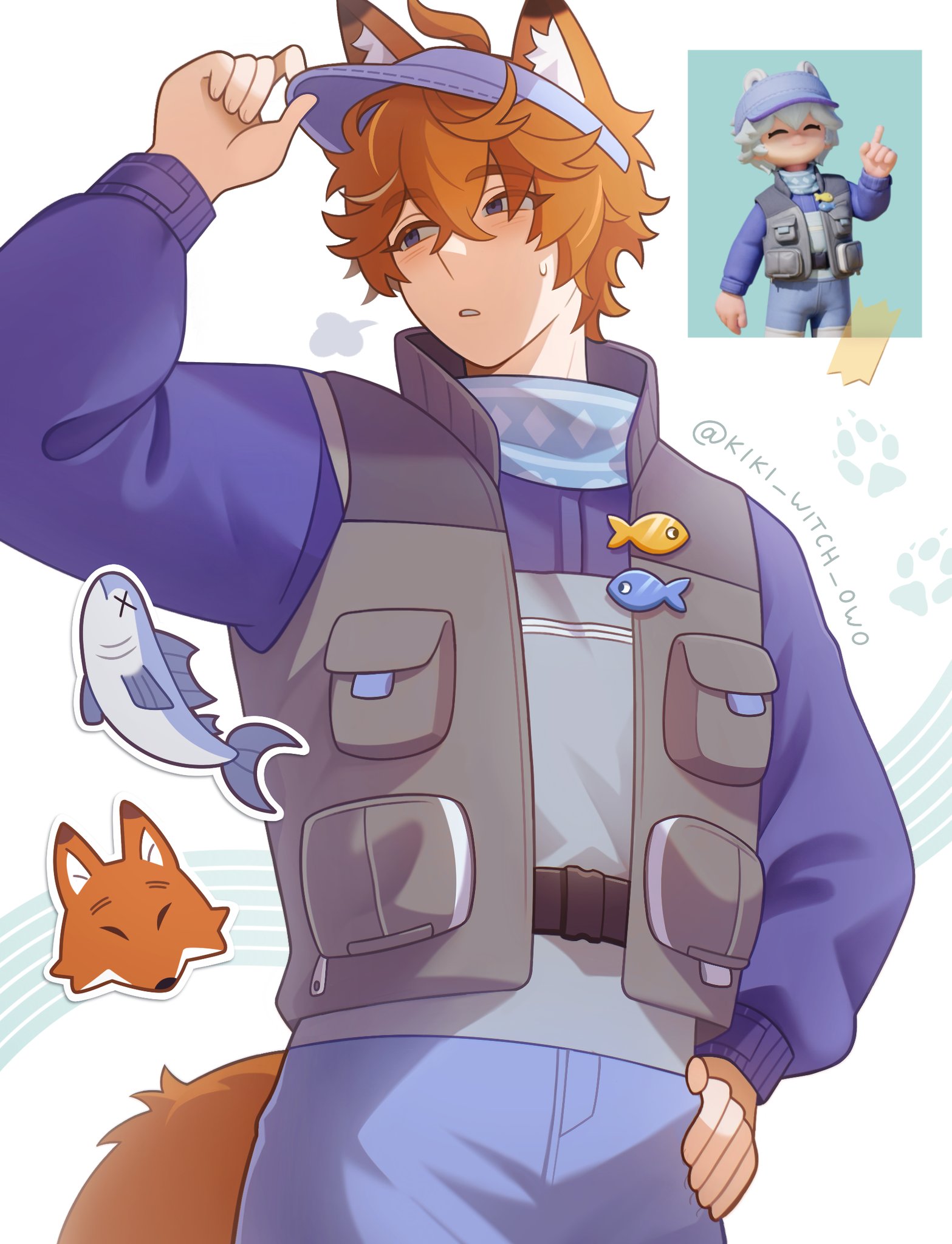 Safebooru - 1boy adjusting clothes adjusting headwear animal ears blue ...