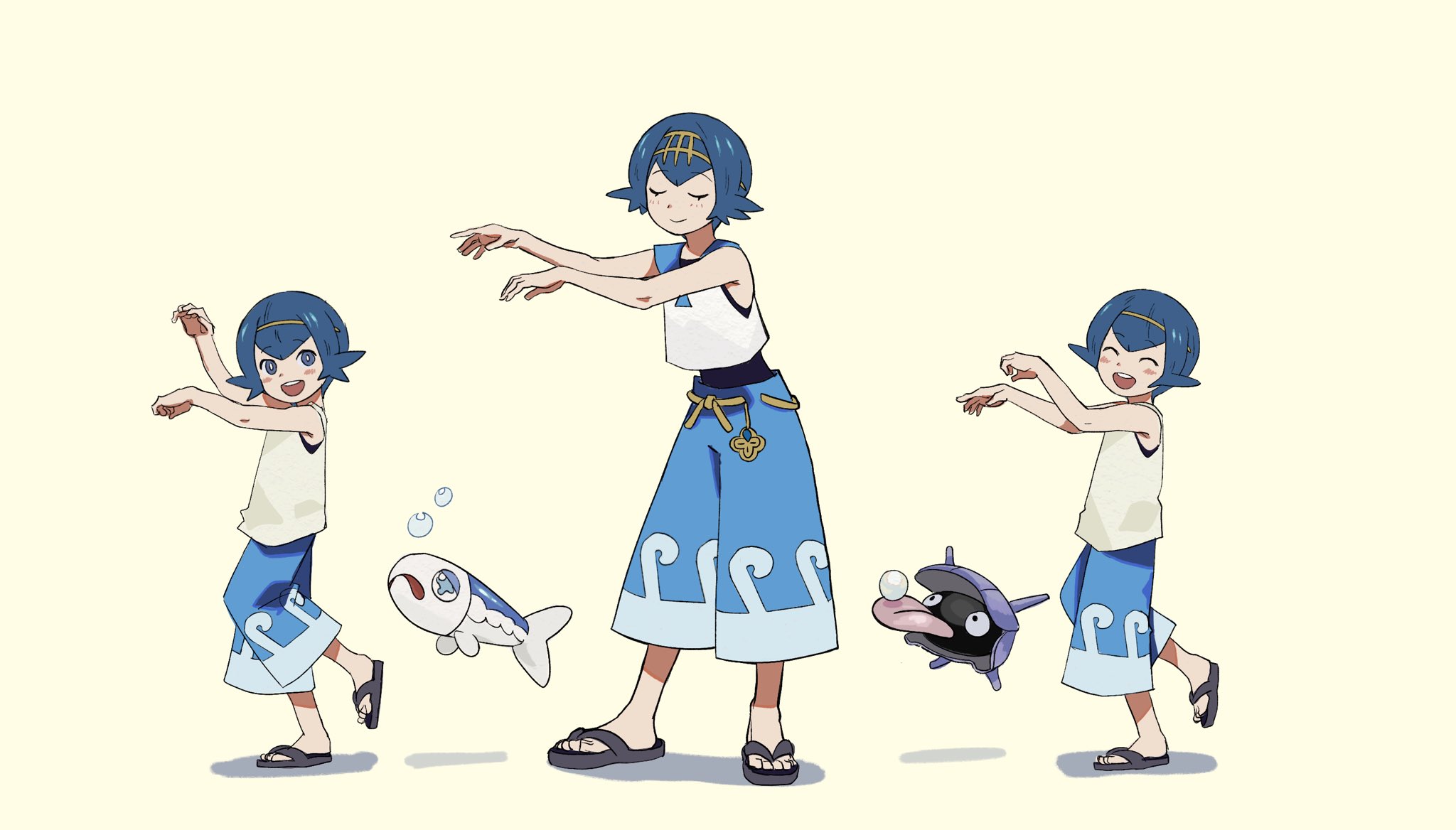 Safebooru - 3girls :d blue eyes blue hair blue pants closed eyes gem ...