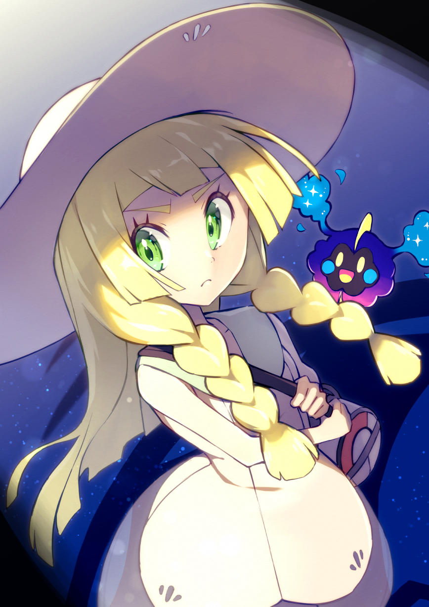 Safebooru - 1girl bag bangs bare shoulders blonde hair braid cosmog dress duffel bag green eyes ...