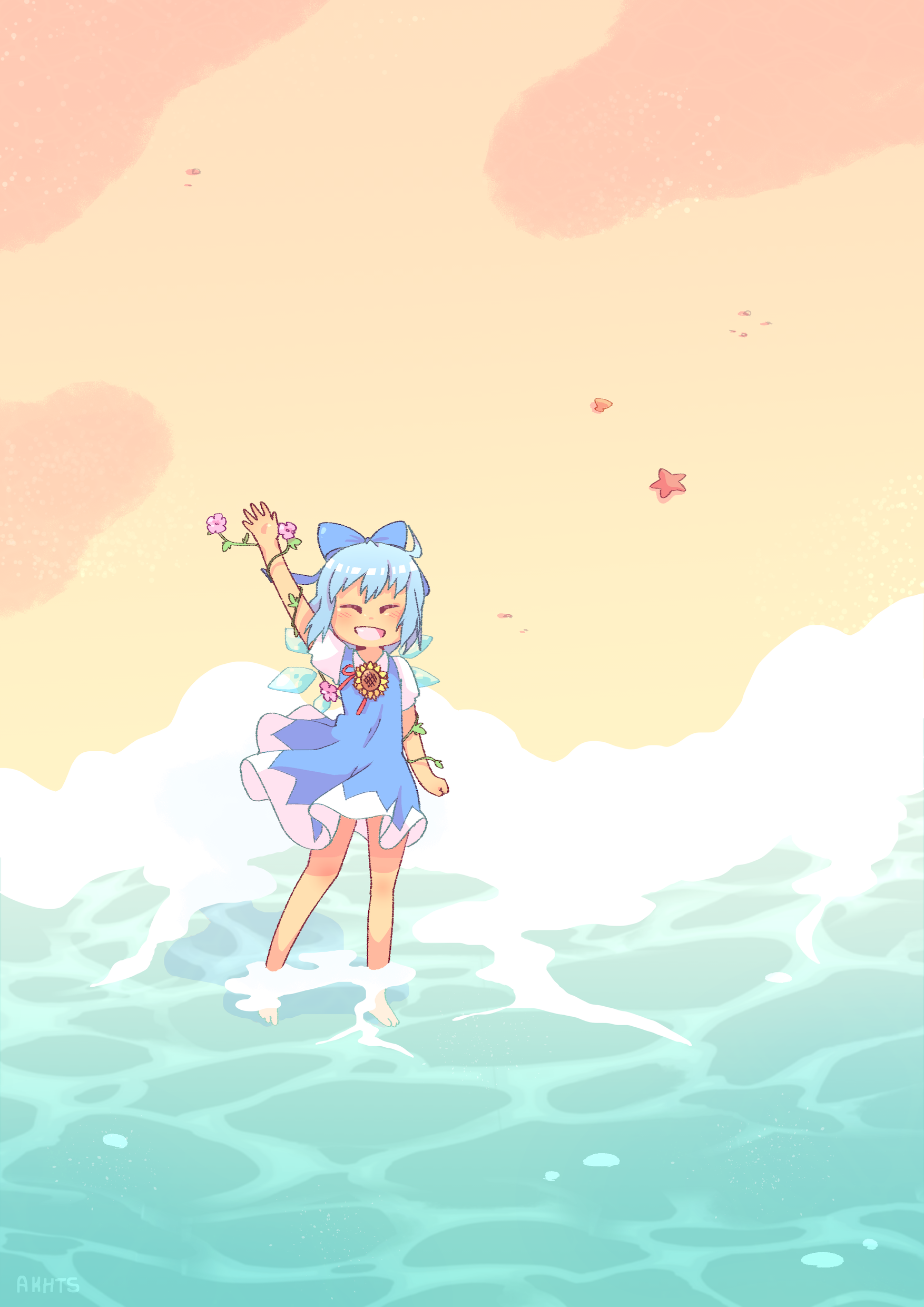 Safebooru - 1girl absurdres akhts arm up artist name barefoot beach blue bow blue dress blue ...