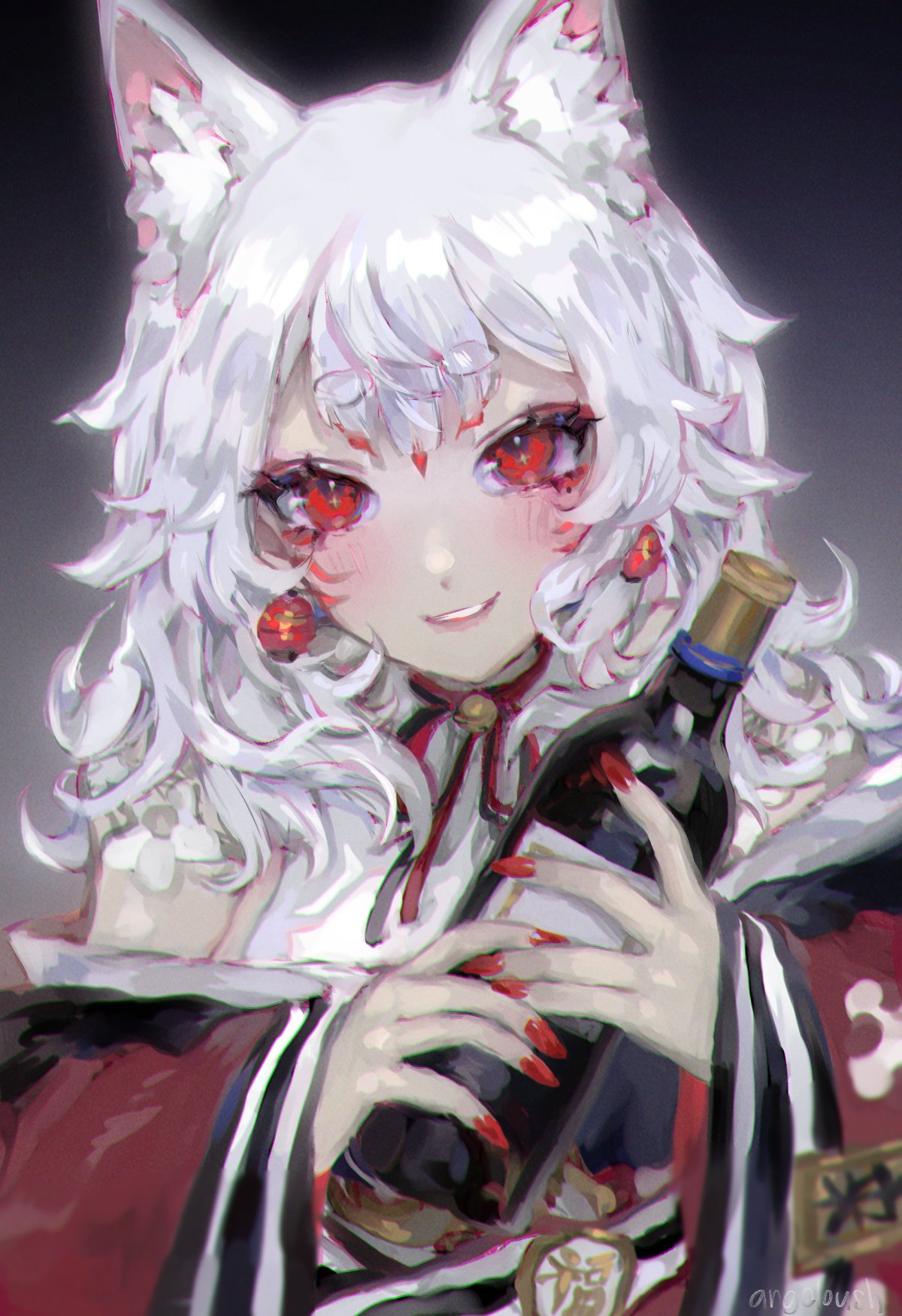 Safebooru - 1girl angeloush animal ear fluff animal ears black ribbon blush bottle earrings ...