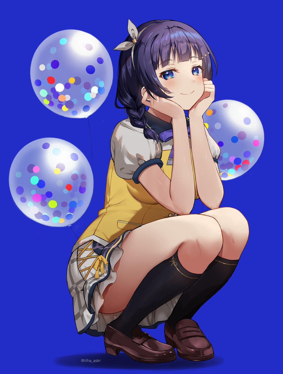 Safebooru - 1girl asaka karin bangs black legwear blue background blue bow blue bowtie blue eyes ...