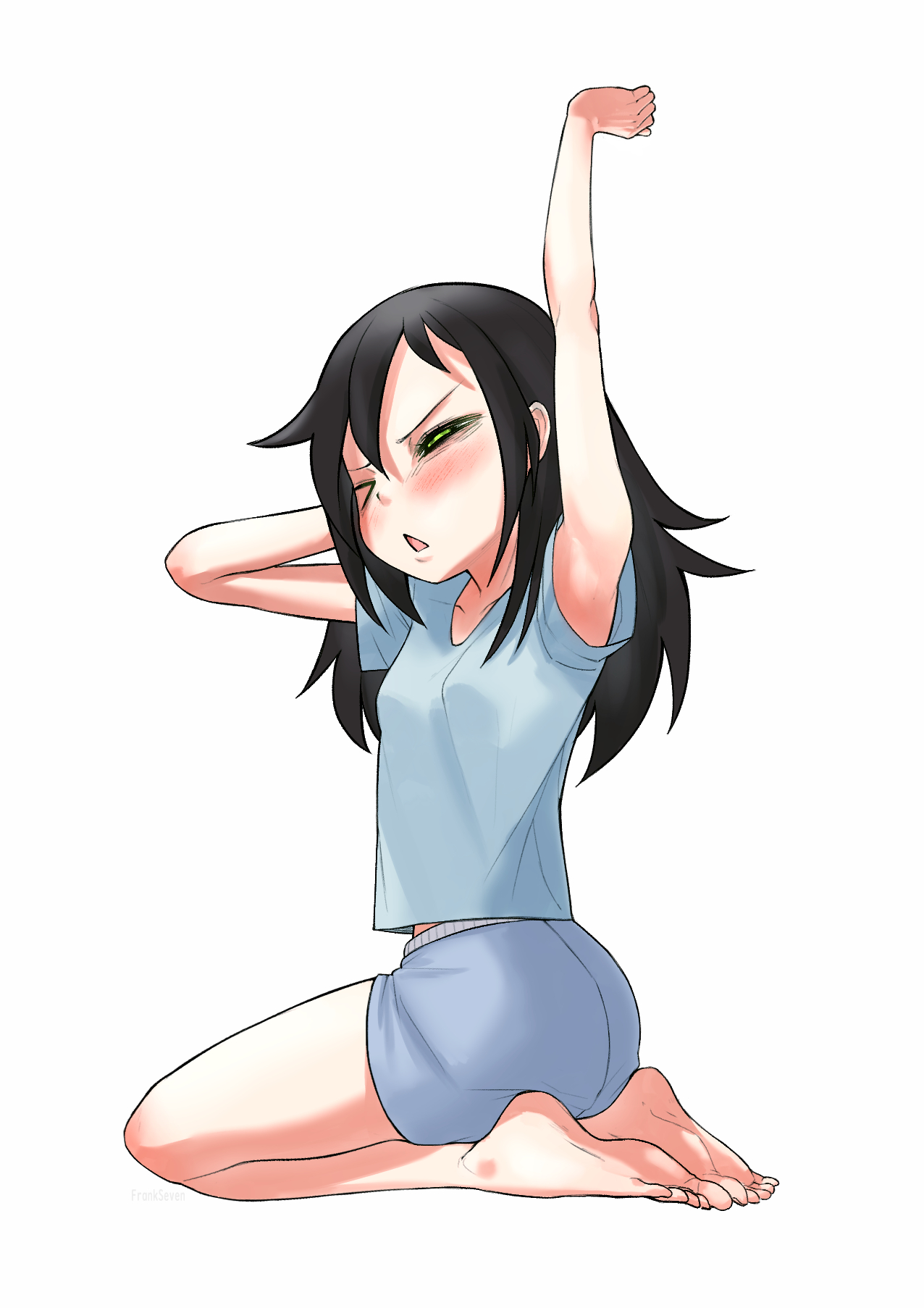 Safebooru - 1girl armpit peek arms up artist name bangs barefoot black hair blue shirt blue ...