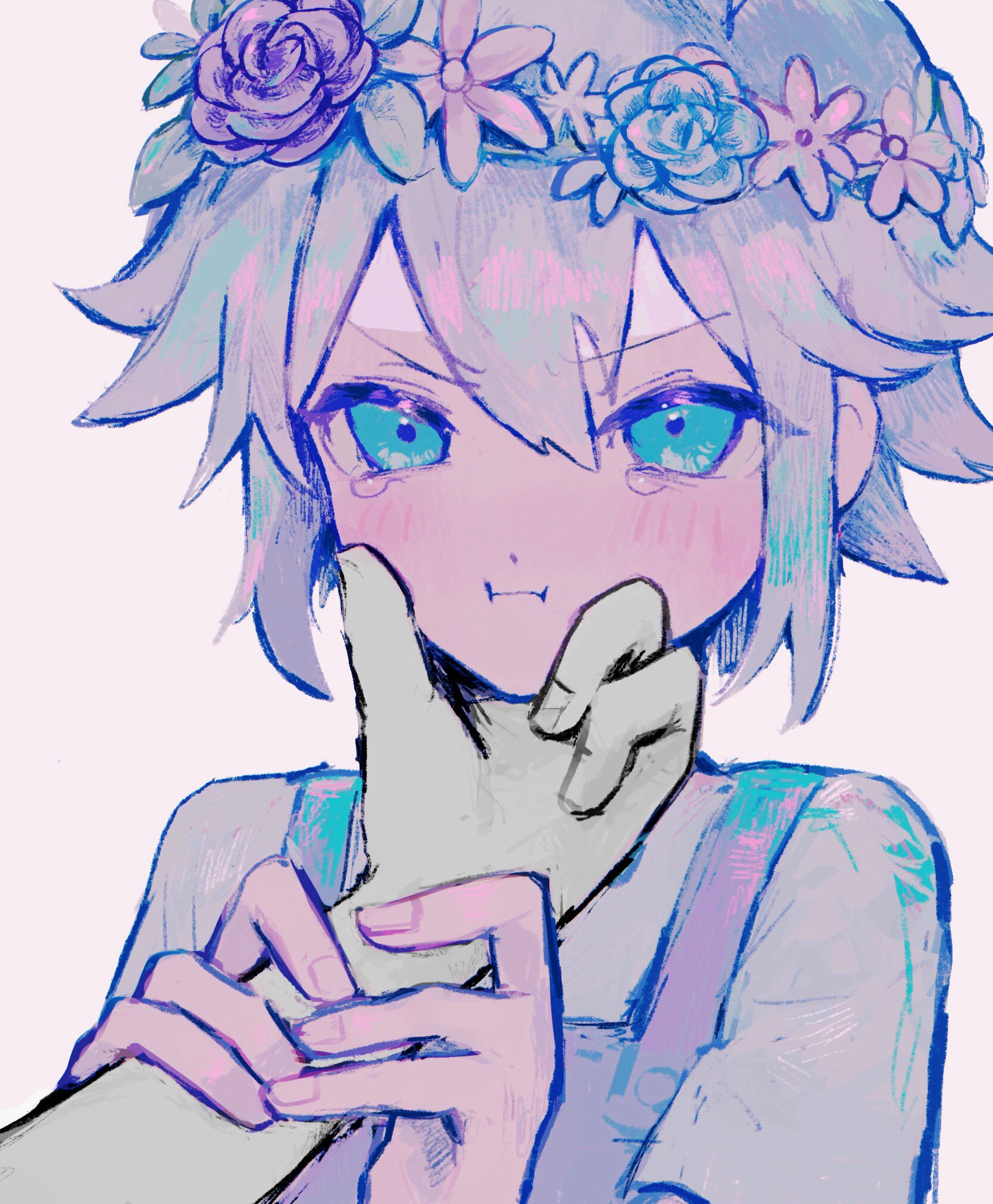 Safebooru - 2boys angry basil (omori) blue eyes blue hair blush hands ...