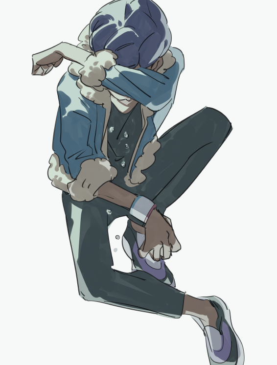 Safebooru - 1boy black pants black shirt blue jacket covering face ...