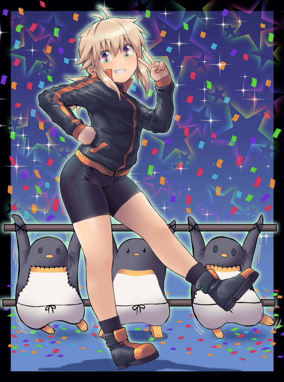 Safebooru - 1girl animal antenna hair bangs bike shorts bird black border black footwear black ...