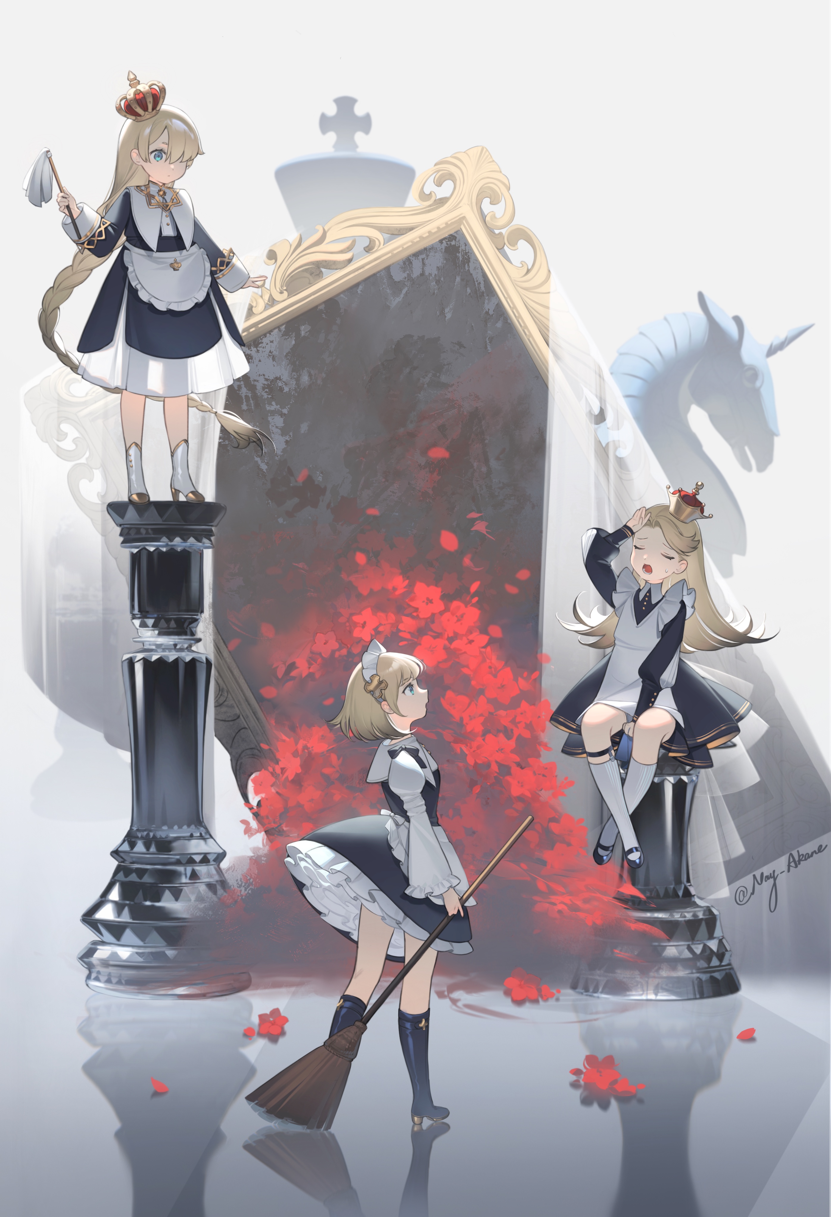 Safebooru - 3girls absurdly long hair absurdres apron bangs between legs black dress black ...