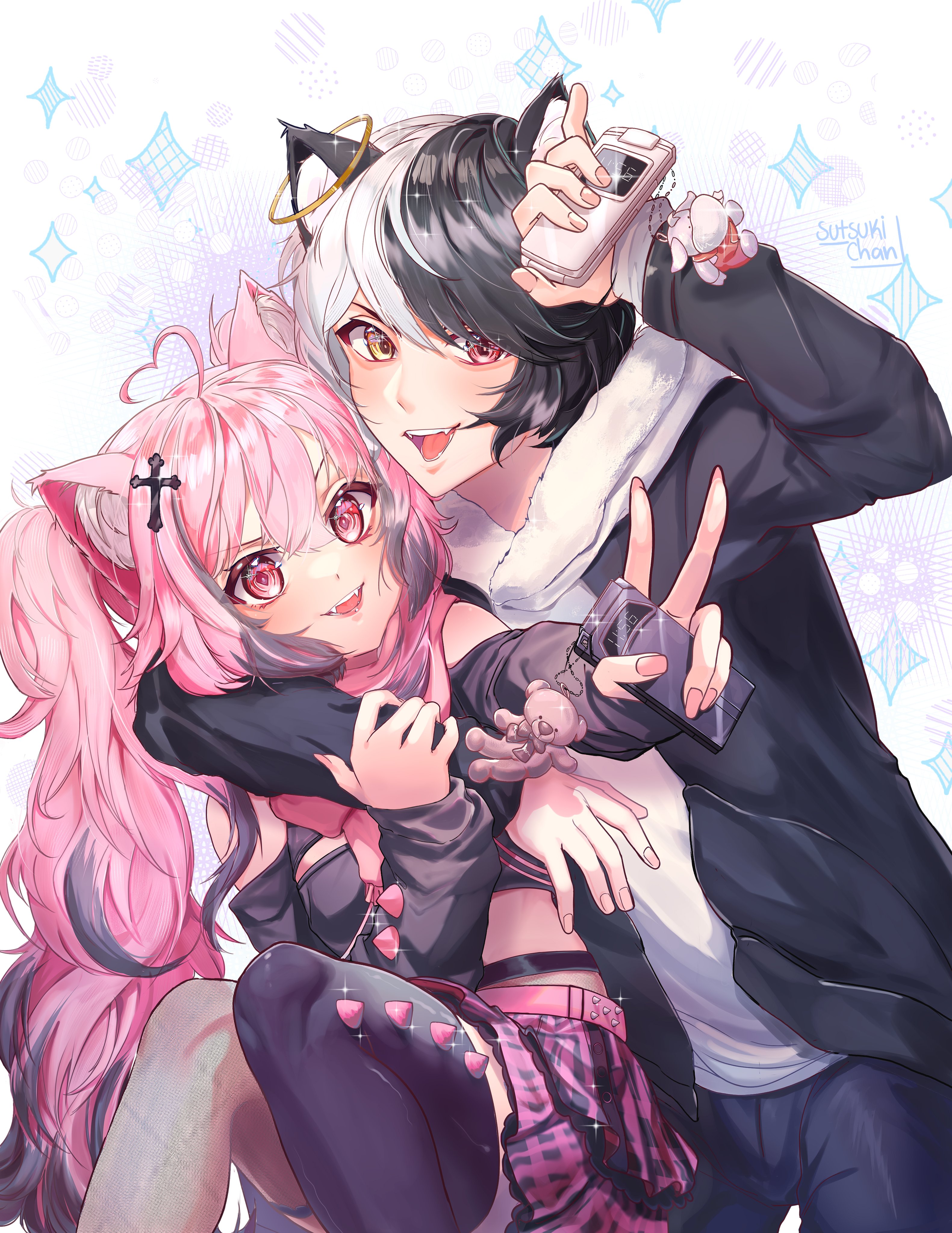 Safebooru - 1boy 1girl :d absurdres ahoge animal ear fluff animal ears arm up artist name ...