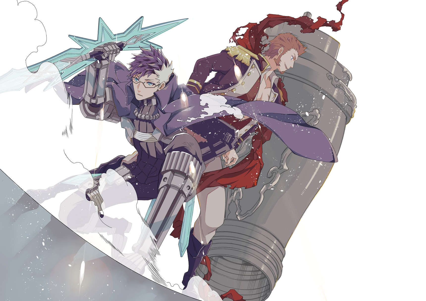 Safebooru - 2boys black hair boots brown hair cannon cape epaulettes ...