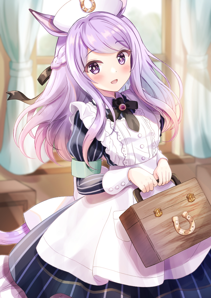 Safebooru - 1girl :d alternate costume animal ears apron bangs black dress black ribbon blush ...