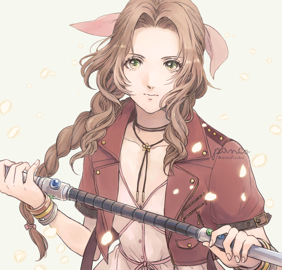 Safebooru - 1girl aerith gainsborough ancotsubu bangle bangs bracelet braid braided ponytail ...