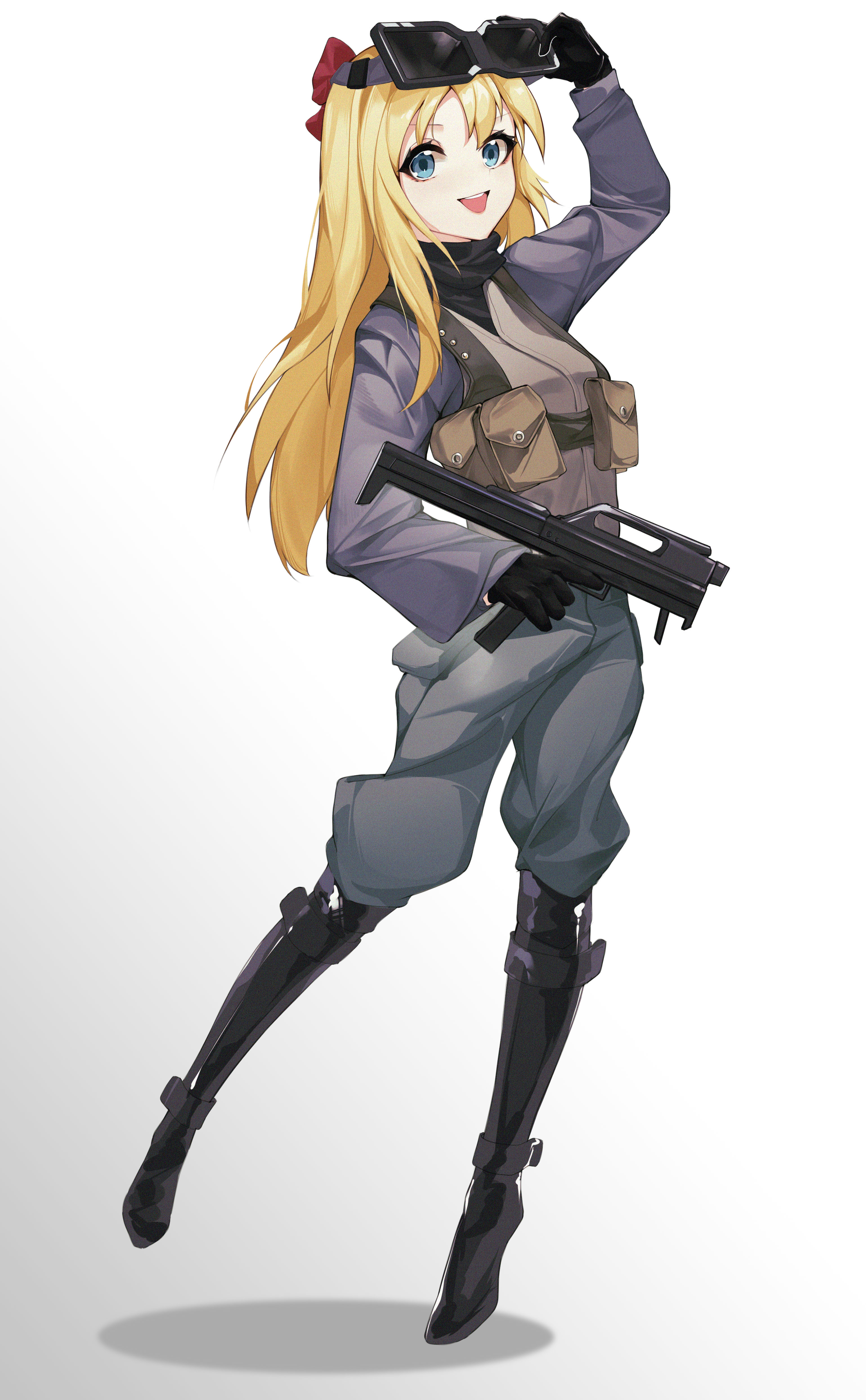 Safebooru - 1girl :d absurdres ammunition pouch bangs black footwear black gloves blonde hair ...