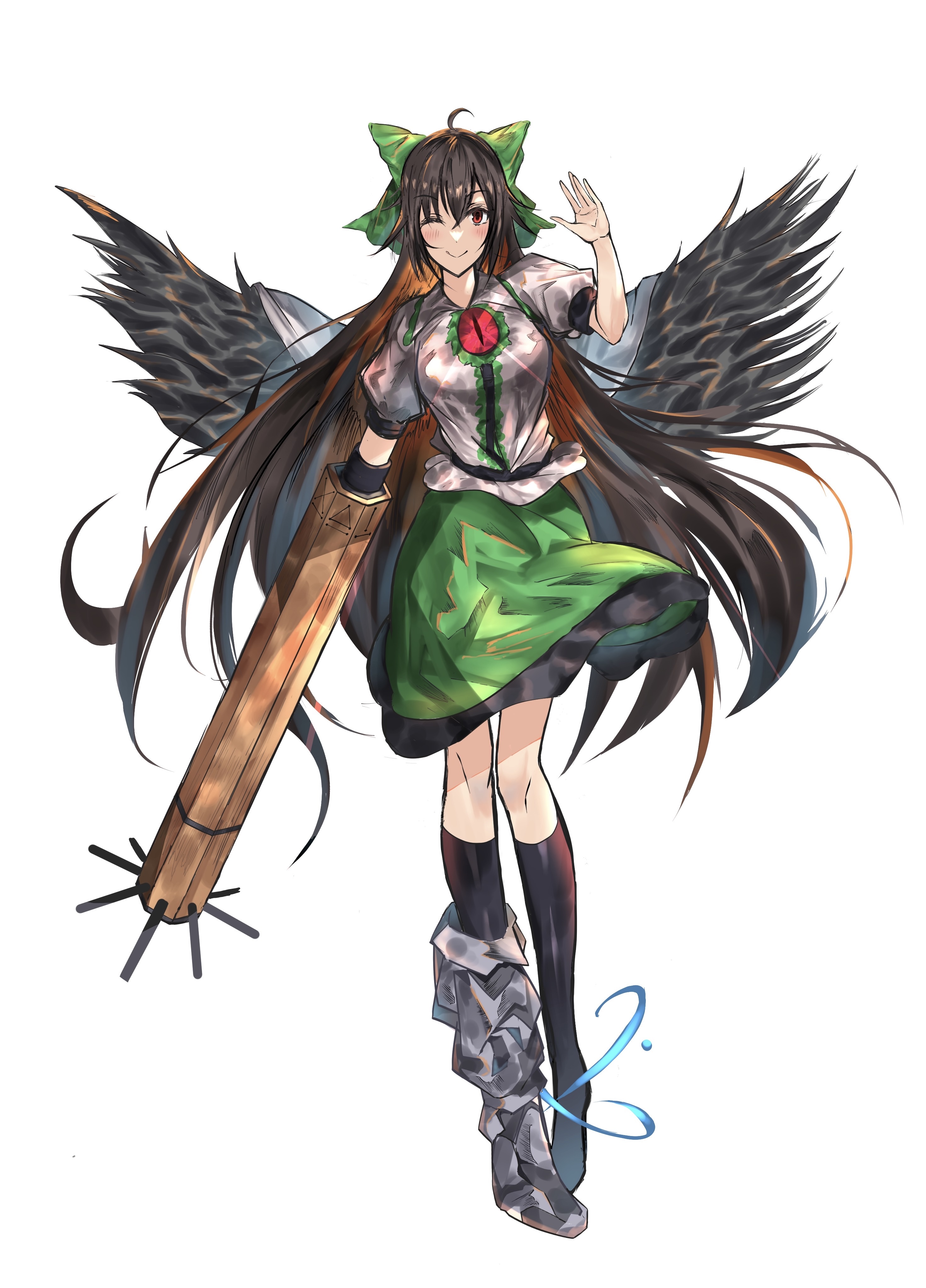 Safebooru - 1girl ;) absurdres arm cannon asymmetrical legwear bangs bird wings black hair black ...