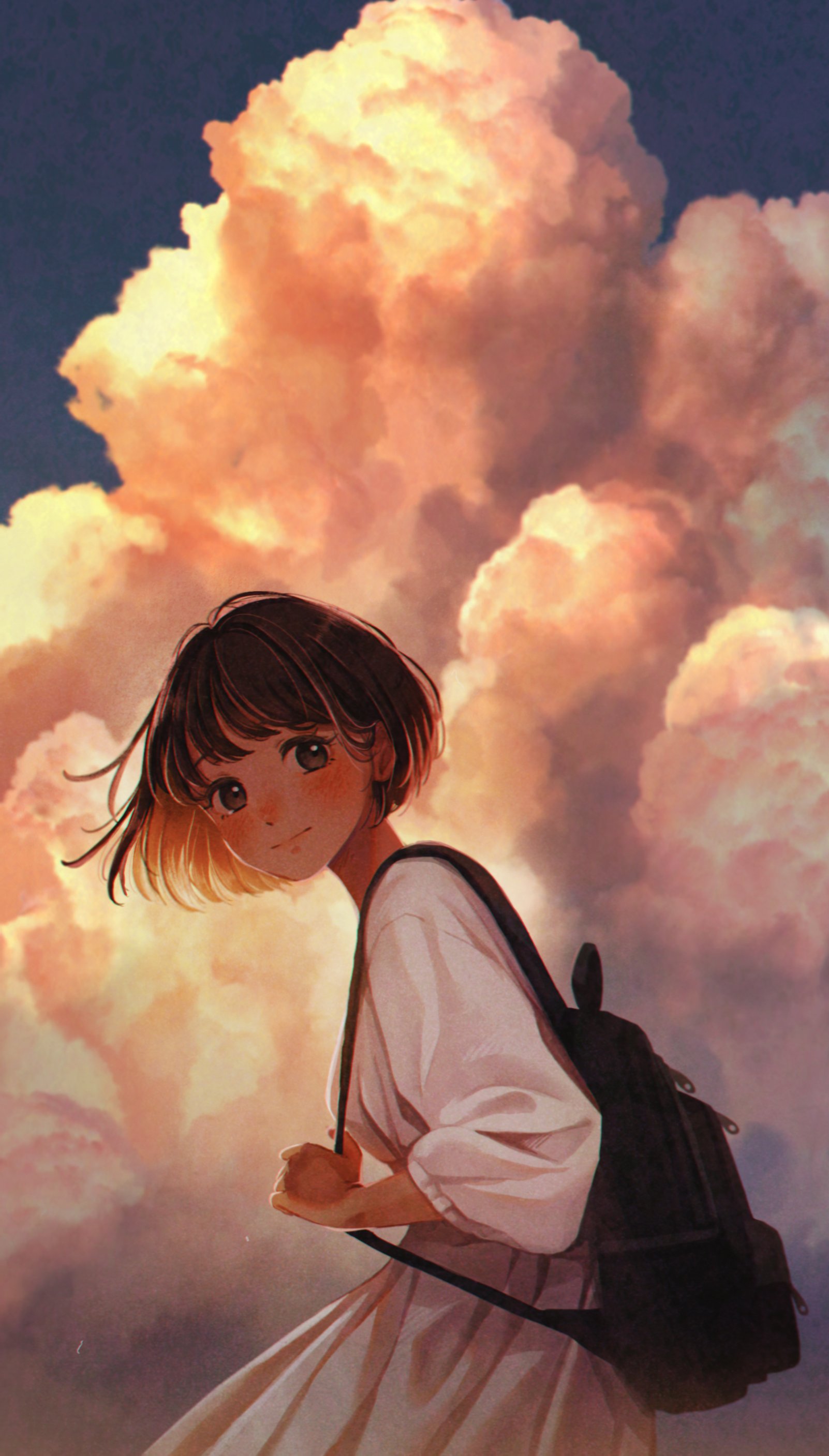 Safebooru - 1girl absurdres backpack bag bangs black bag blue sky blush brown eyes brown hair ...