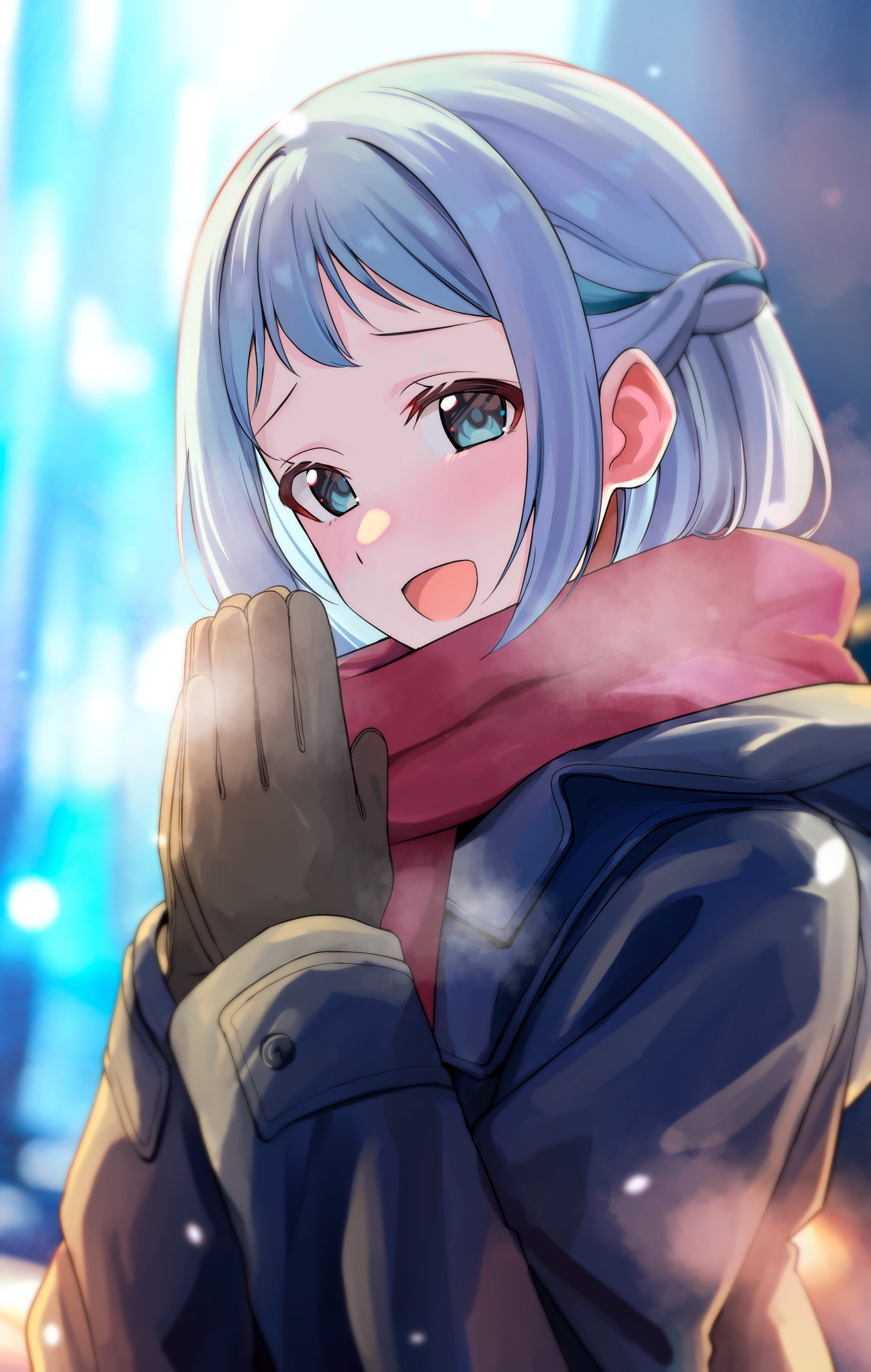 Safebooru - 1girl :d black gloves blue coat blue eyes blue ribbon blush ...