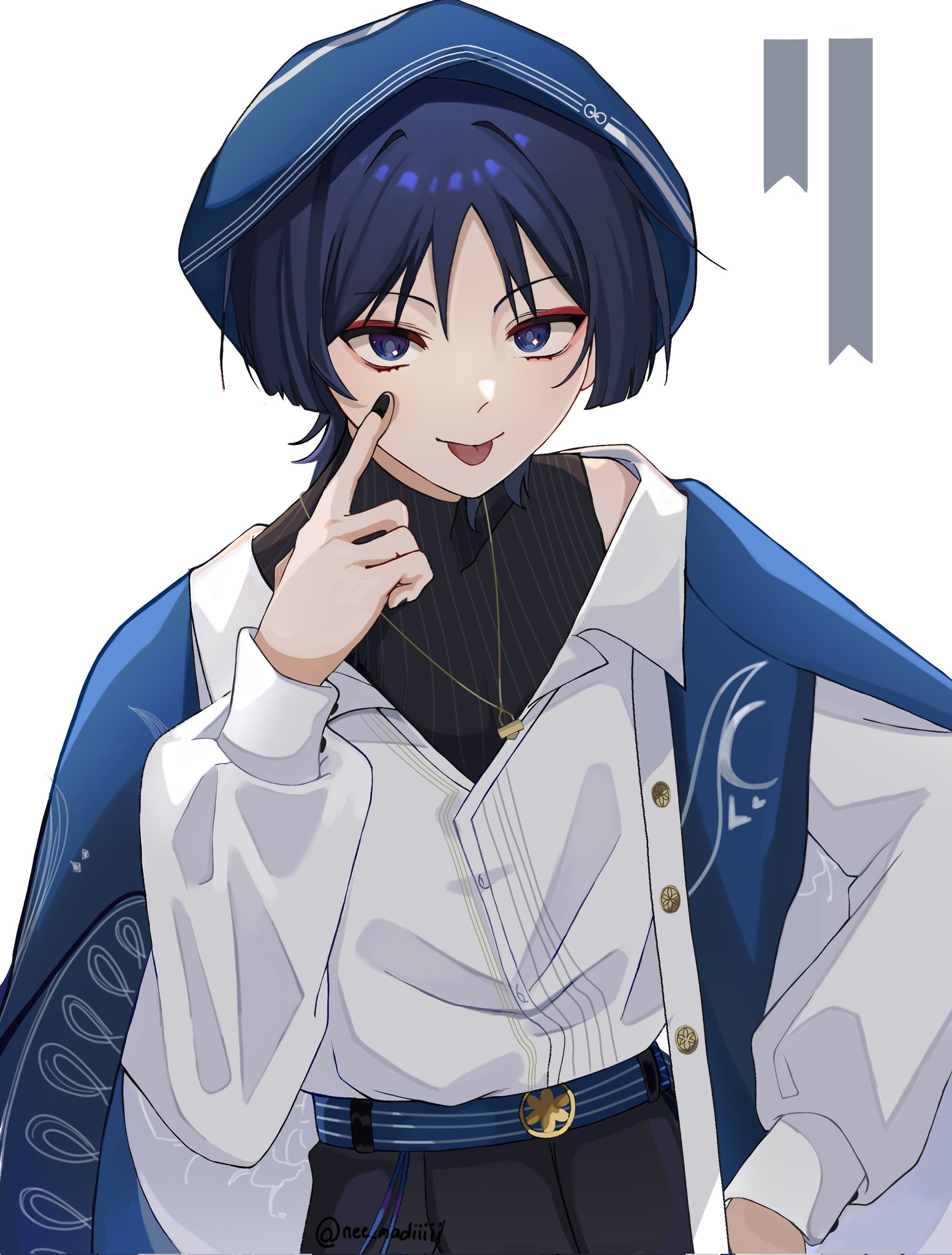 Safebooru - 1boy :p akanbe belt beret black eyes black hair black nails ...