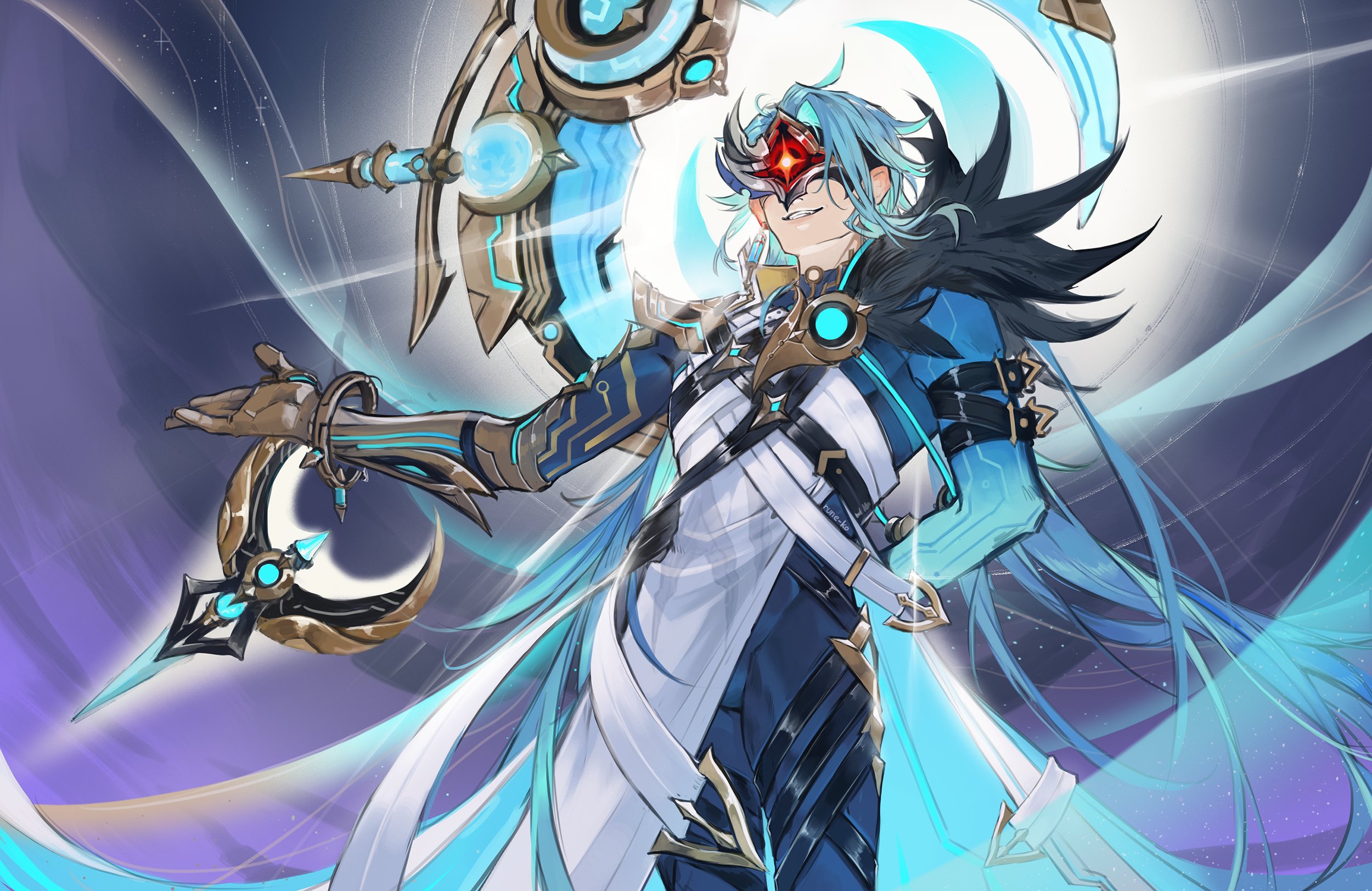 Safebooru - 1boy arm behind back artist name blue hair cowboy shot ...