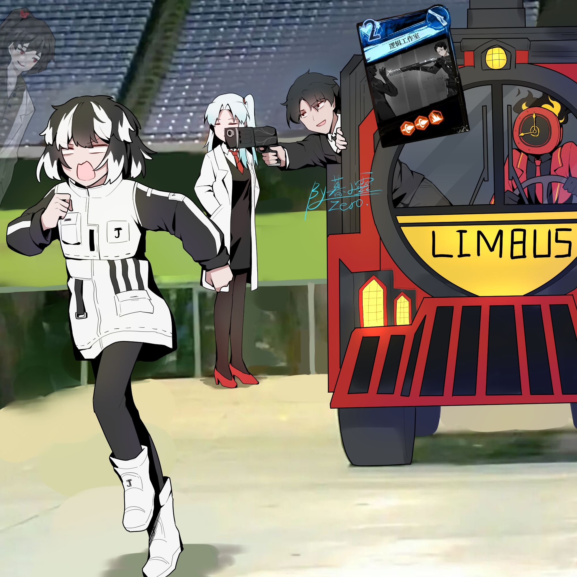 Safebooru - 1boy 1other 3girls angela (project moon) animal ears black ...