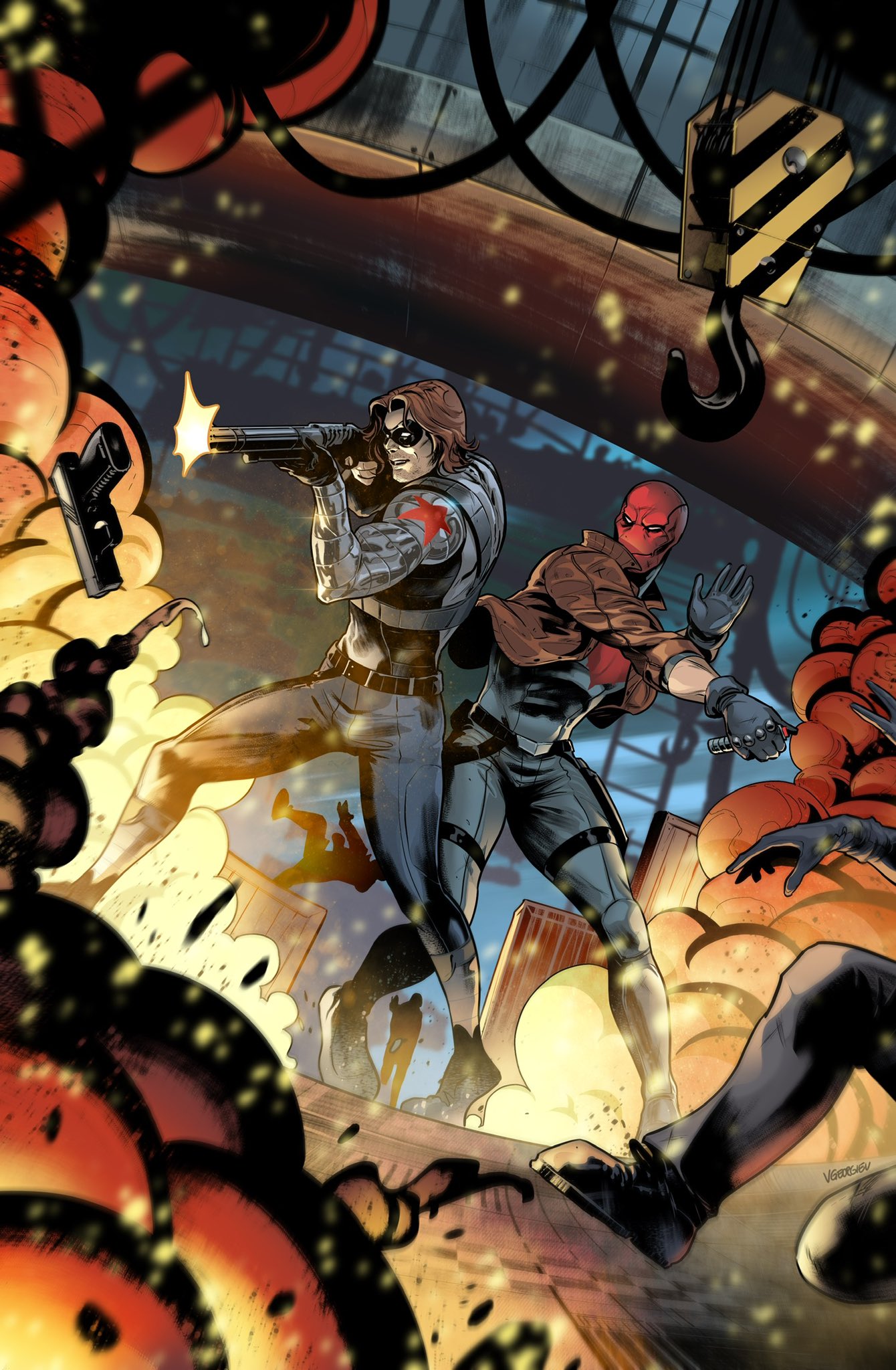 Safebooru - 2boys aiming batman (series) bodysuit brown hair brown ...