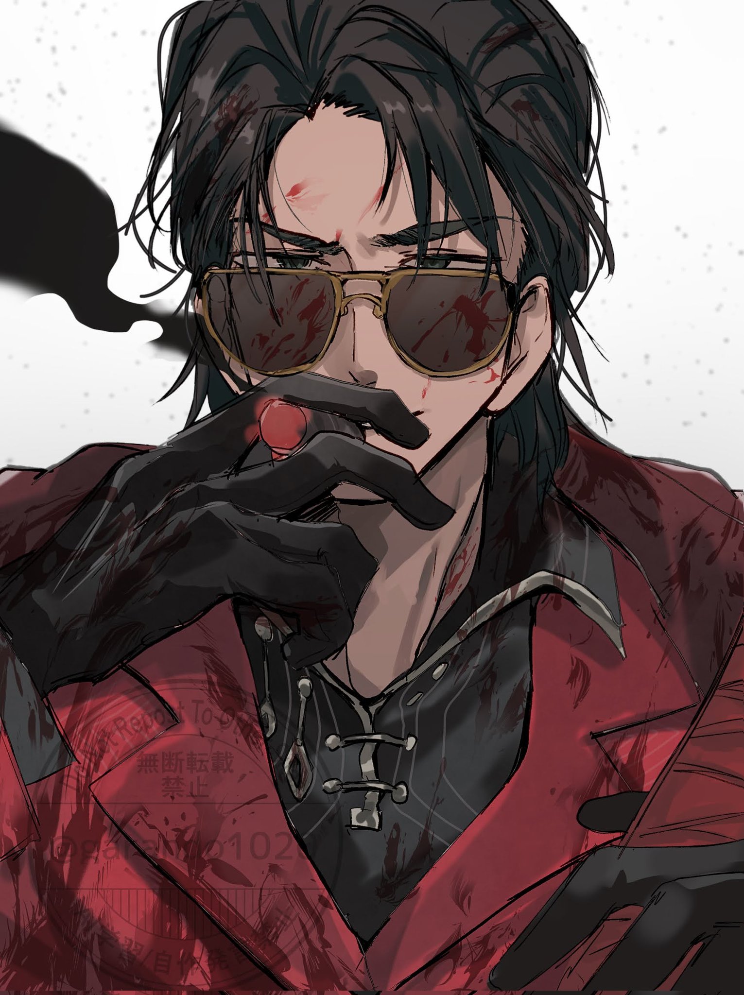 Safebooru - 1boy black hair black shirt cigarette collared shirt ...