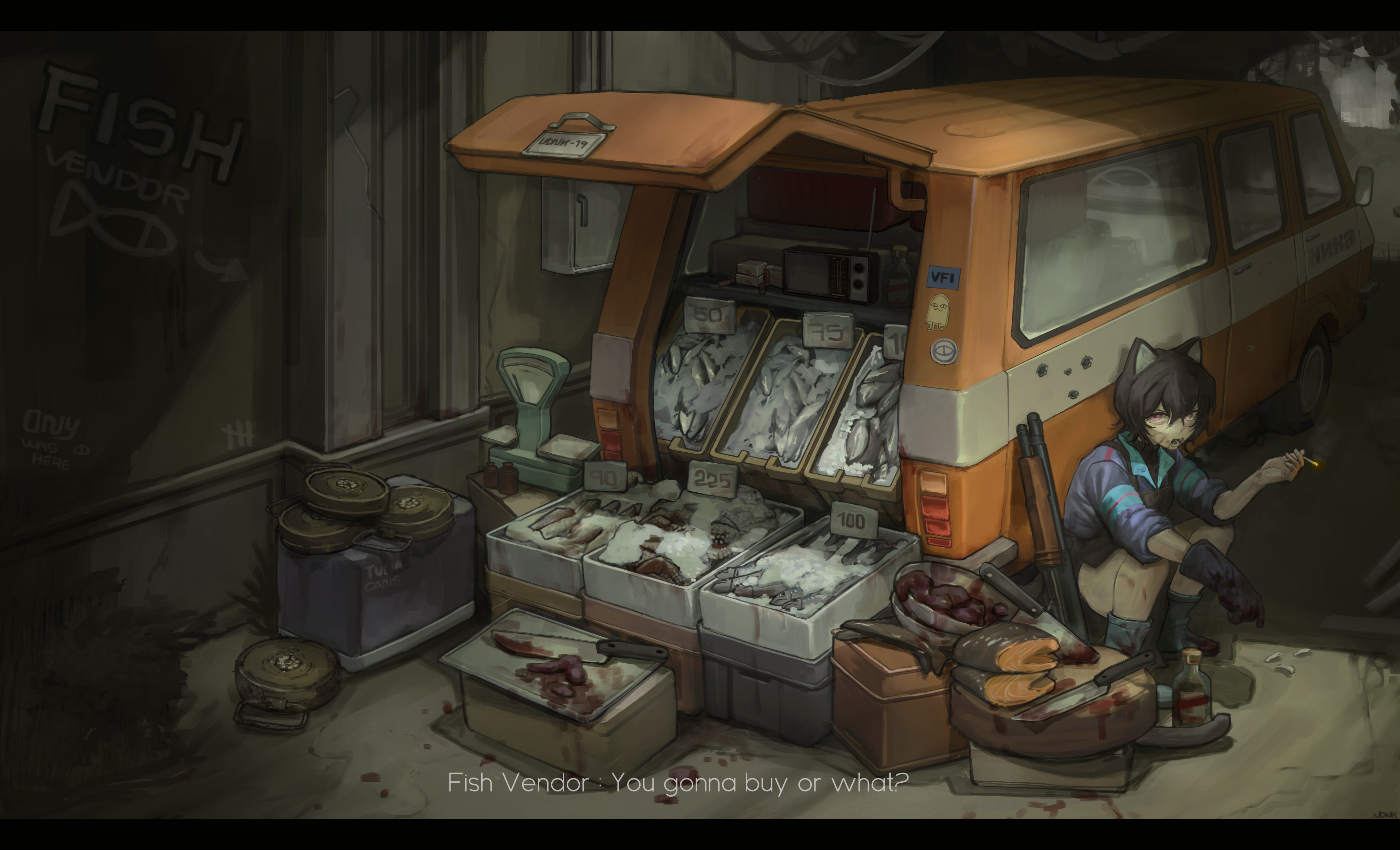 Safebooru - 19vodnik 1girl absurdres alley ammunition animal ears black ...