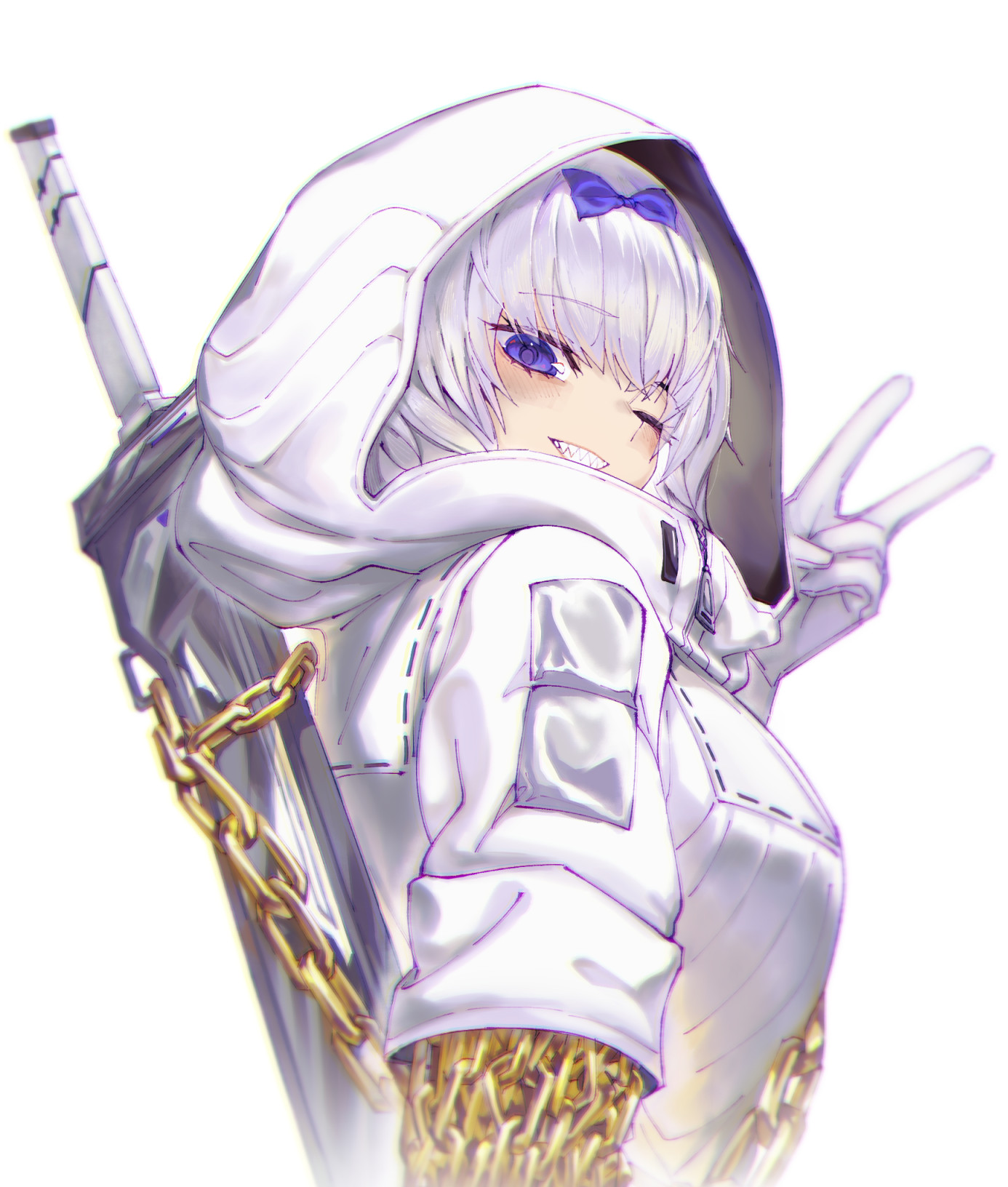 Safebooru - 1girl chain gloves grin hand up highres hood hooded jacket ...