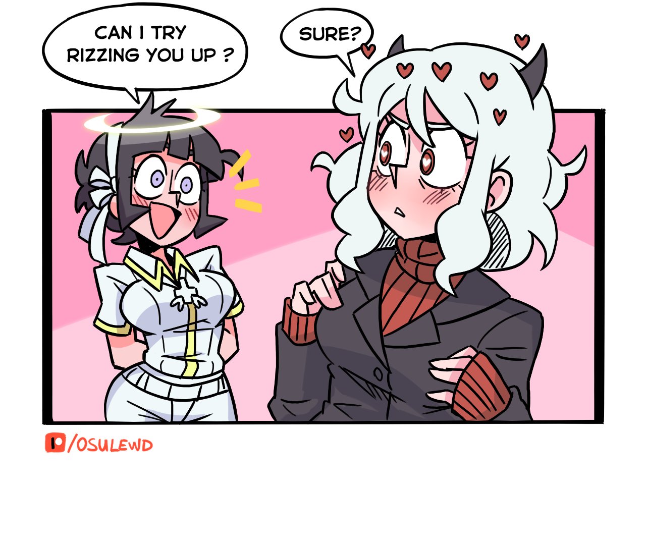 Safebooru - angel azazel (helltaker) black hair black horns blush can i try rizzing you up (meme ...