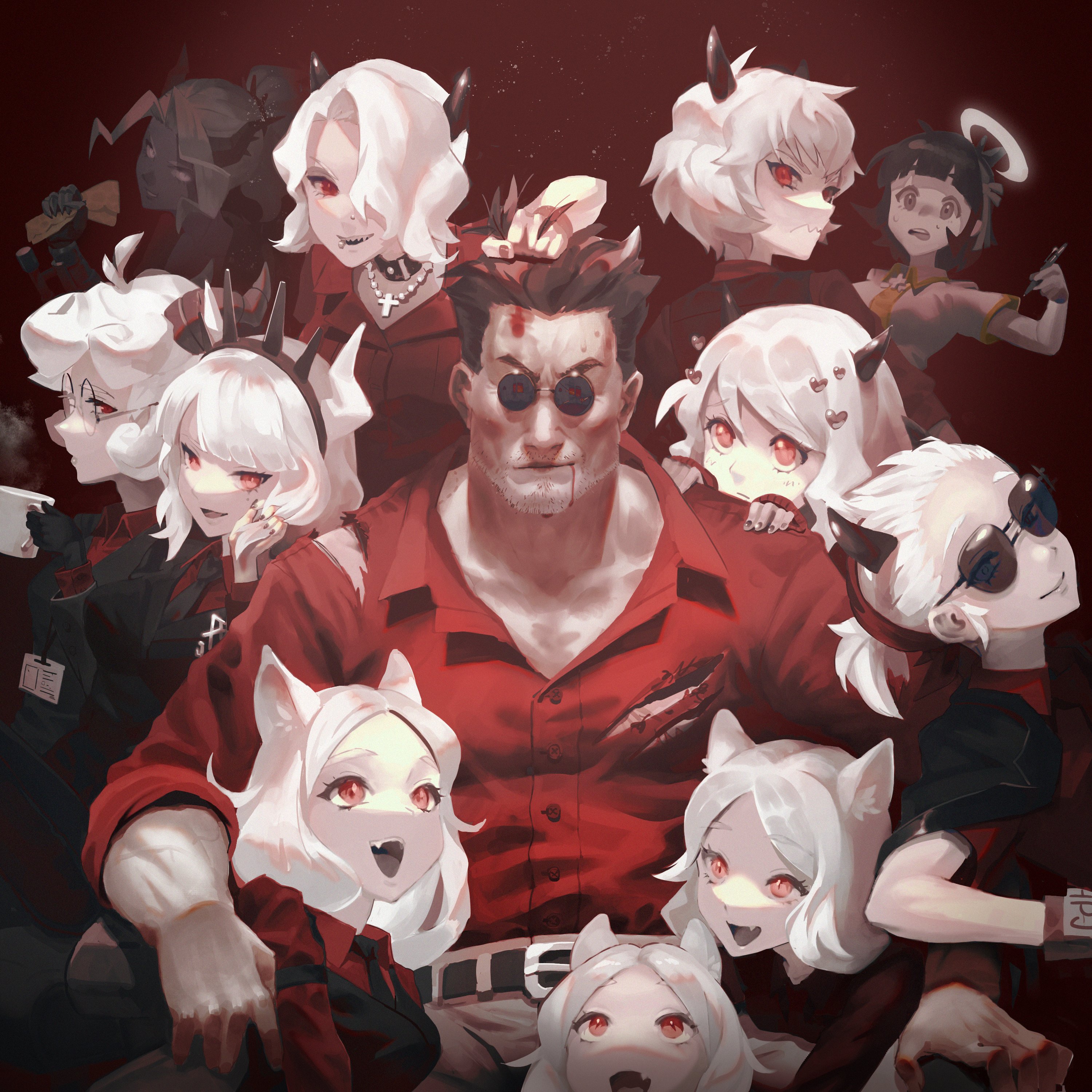 Safebooru - 1boy 6+girls absurdres animal ears azazel (helltaker) belt ...